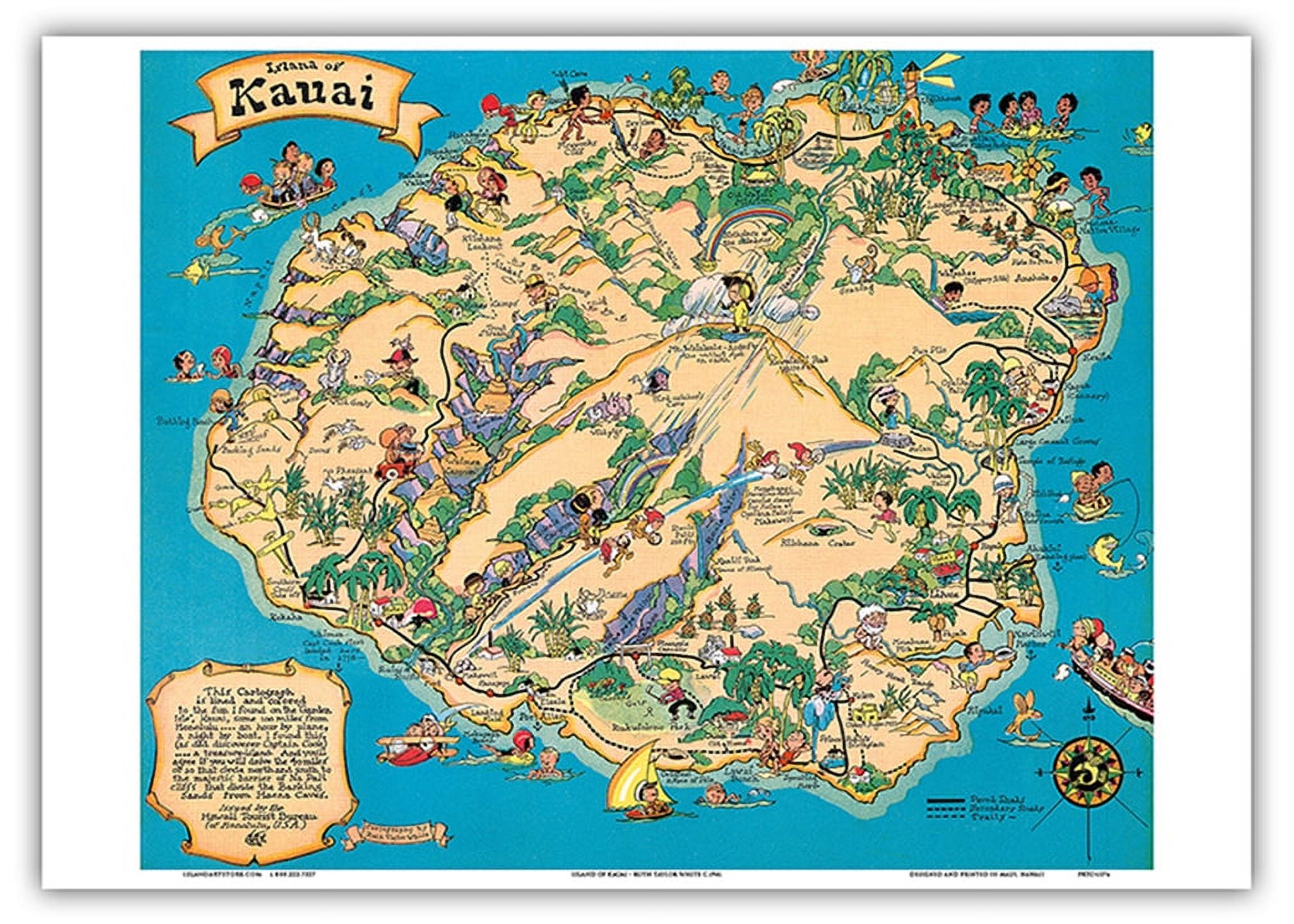 Hawaiian Island of Kauai Map - Hawaii Tourist Bureau - Vintage Hawaiian Colored Cartographic Map ...