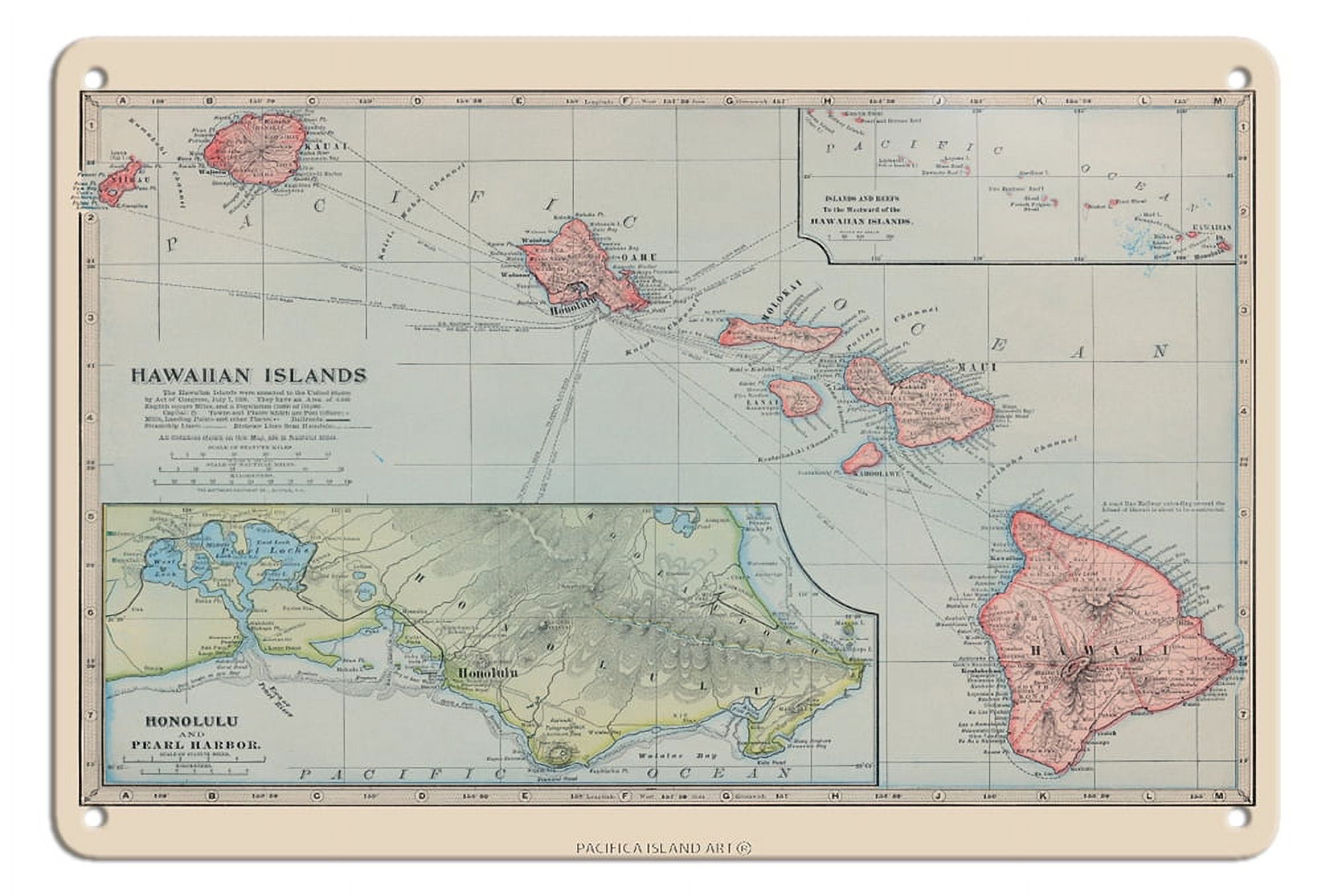 Hawaiian Islands - Pearl Harbor Honolulu - Vintage Map by J. Martin ...
