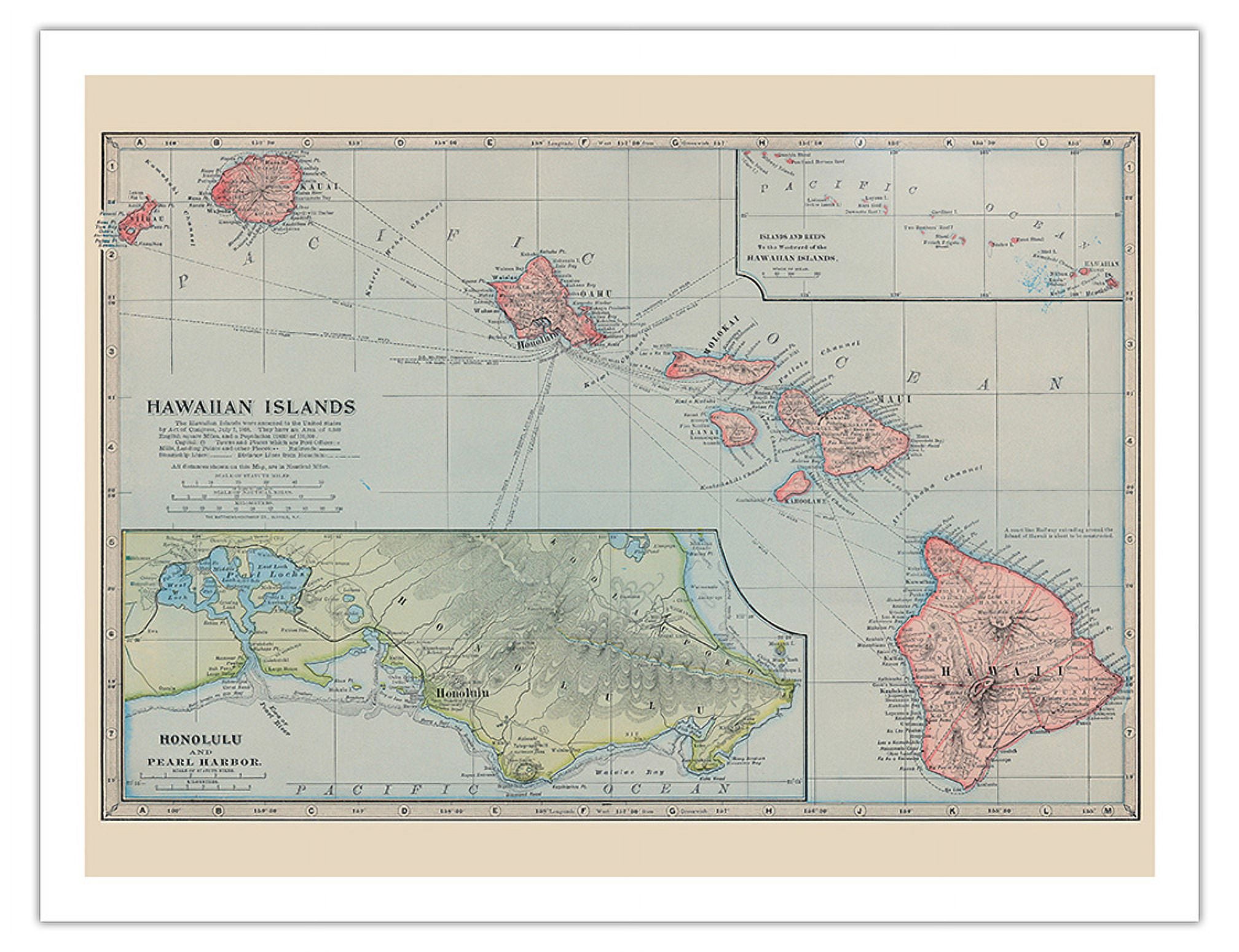 Hawaiian Islands - Pearl Harbor Honolulu - Vintage Map by J. Martin ...