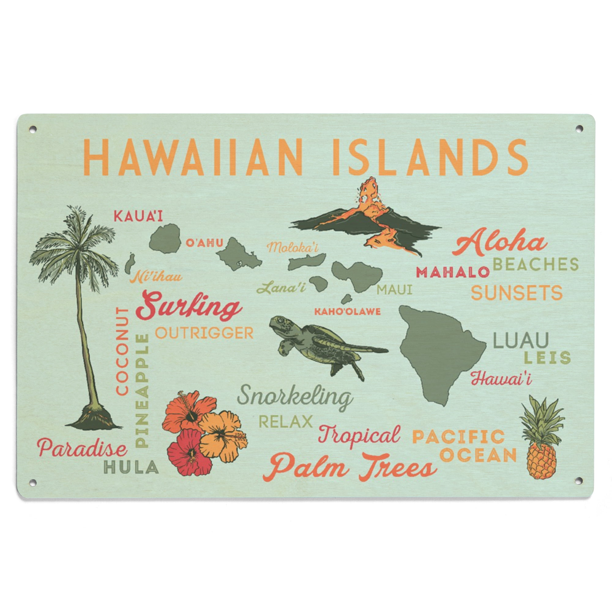 Hawaiian Islands (Version 2), Typography and Icons Birch Wood Wall Sign ...
