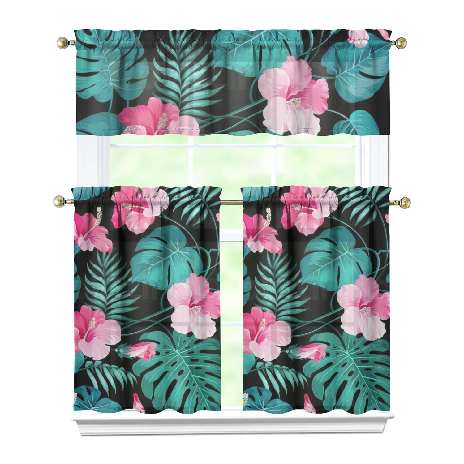 Hawaiian Jungle Plant Kitchen Curtains Set, 3PCS 27.5x36in Polyester ...