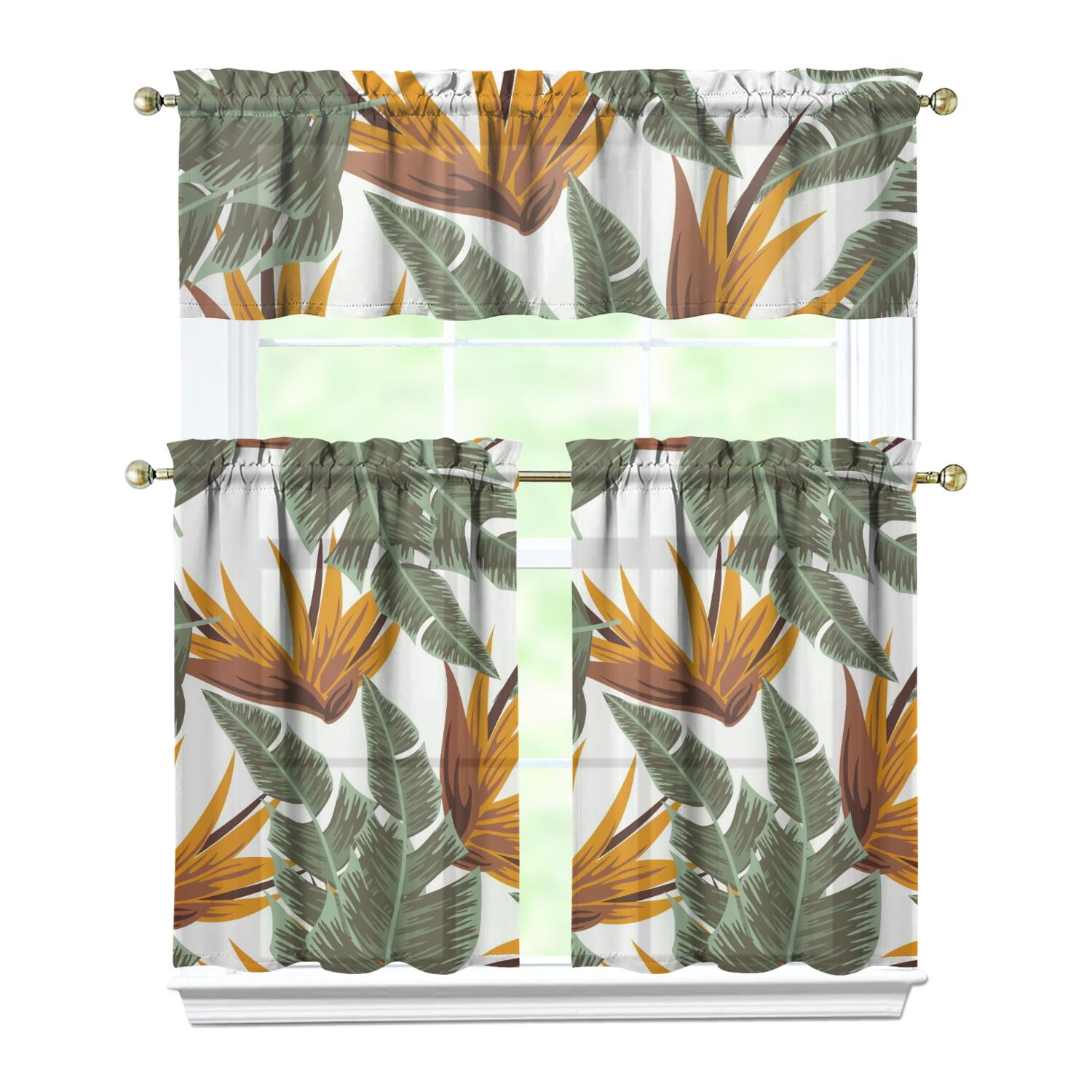 Hawaiian Leaf Print Kitchen Curtains Set 27.5x36in Polyester Valance ...