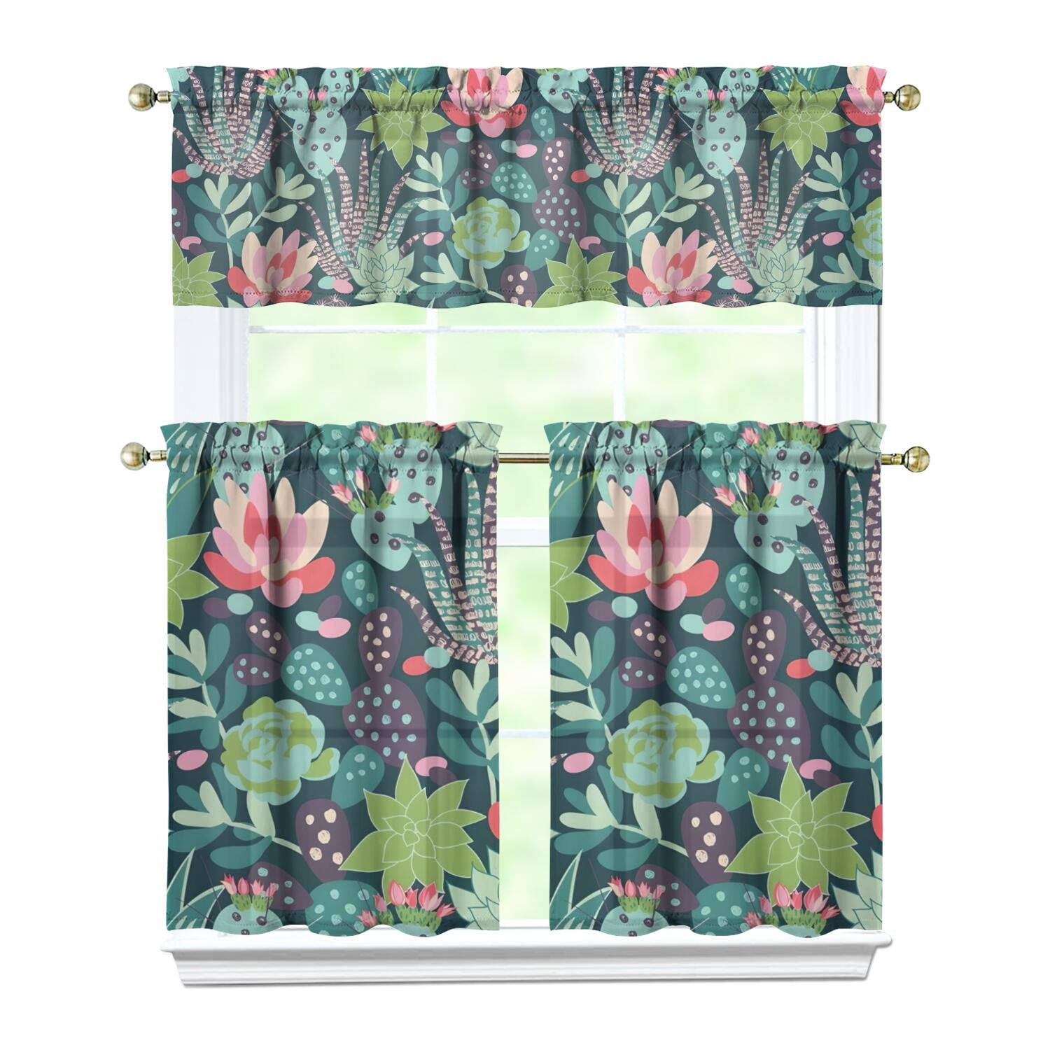 Hawaiian Leaf and Flower Kitchen Curtains Set of 3, 27.5x36 Inch ...