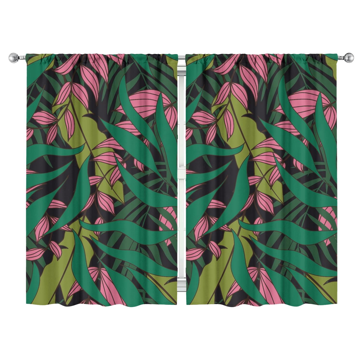 Hawaiian Leafy Print Kitchen Curtains 2 Pack, 52x84 Inch Colorful Exotic Palm Inspired Semi ...