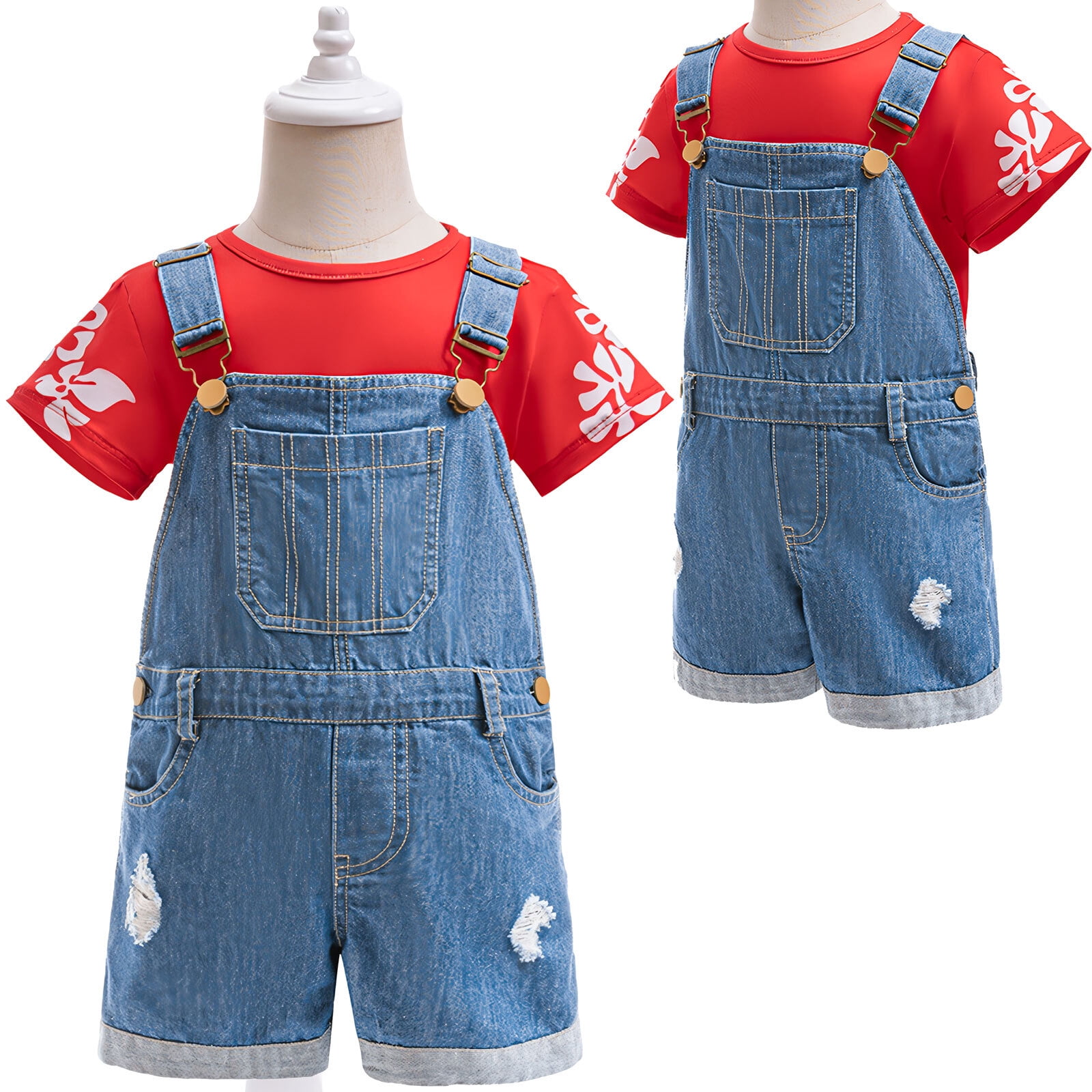 Hawaiian Little Girls Costume Outfits Red Leaf Shirt Overalls Cosplay ...