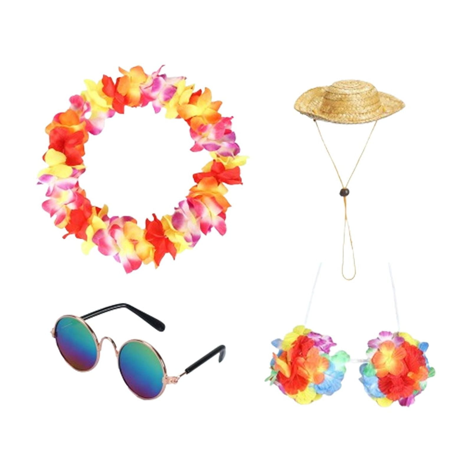 Hawaiian Luau Party Accessories Set Floral Lei, Straw Hat, Sunglasses ...