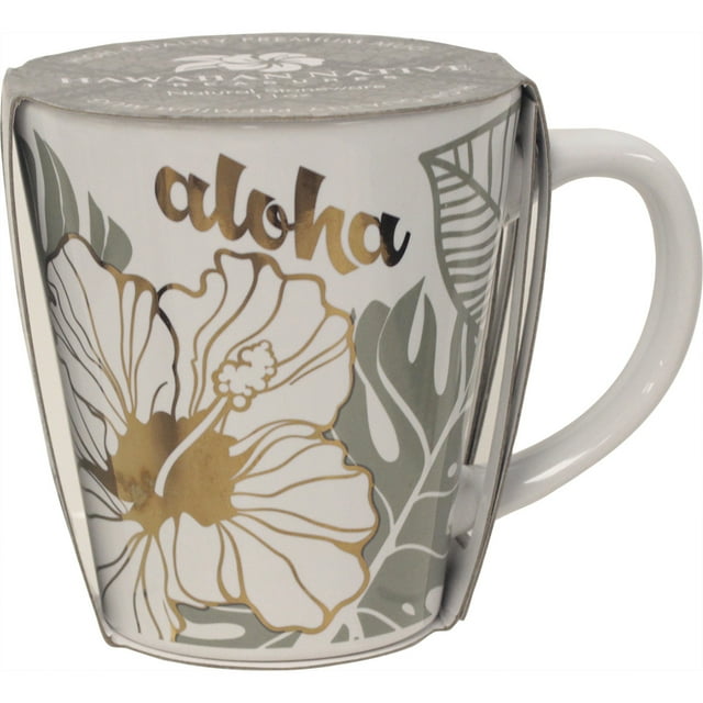 Hawaii Gifts Kona Winds 11 oz Stoneware Tapered Mug White with Gold ...