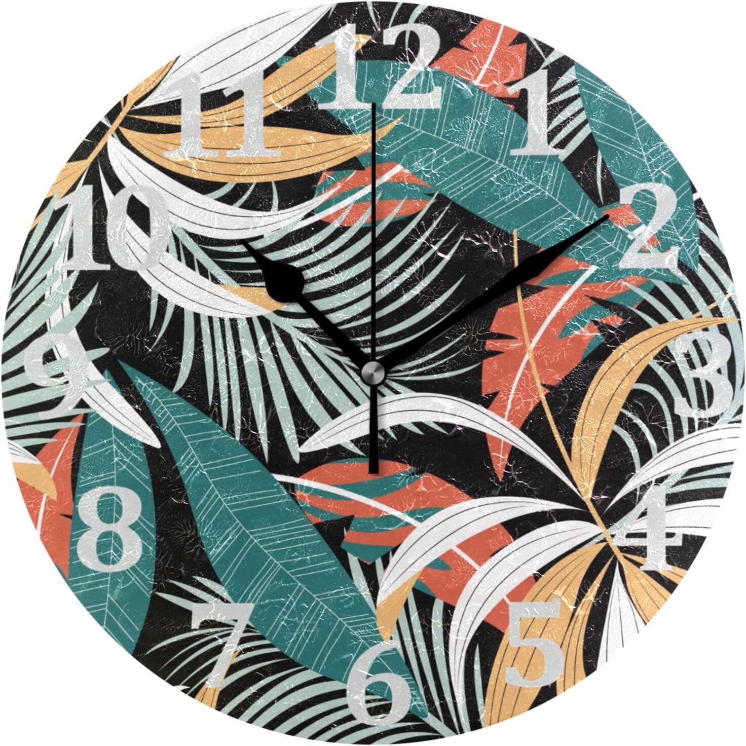 Hawaiian Palm Leaf Wall Clock Round Vintage Silent Non Ticking Battery ...