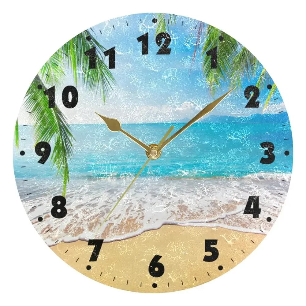 Hawaiian Palm Tree Seashore Beach Round Wall Clock Silent Non-Ticking ...