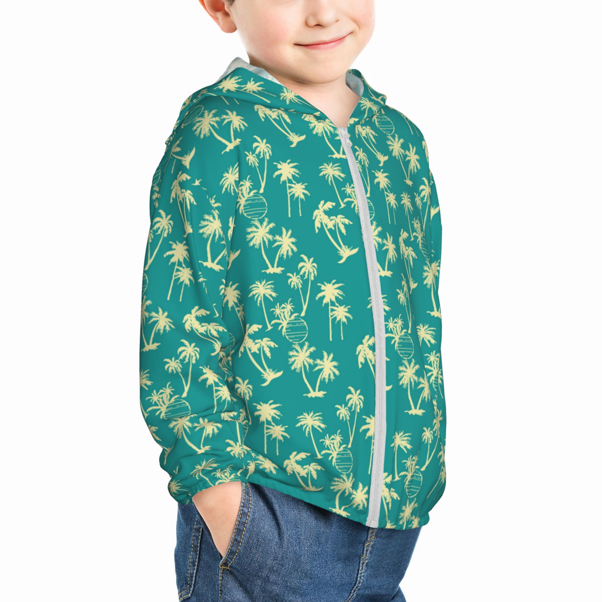 Hawaiian Palm Tree Tropical Teal Kids Zip-Up Hoodie Girls Boys Sun Protection Jacket Hooded ...