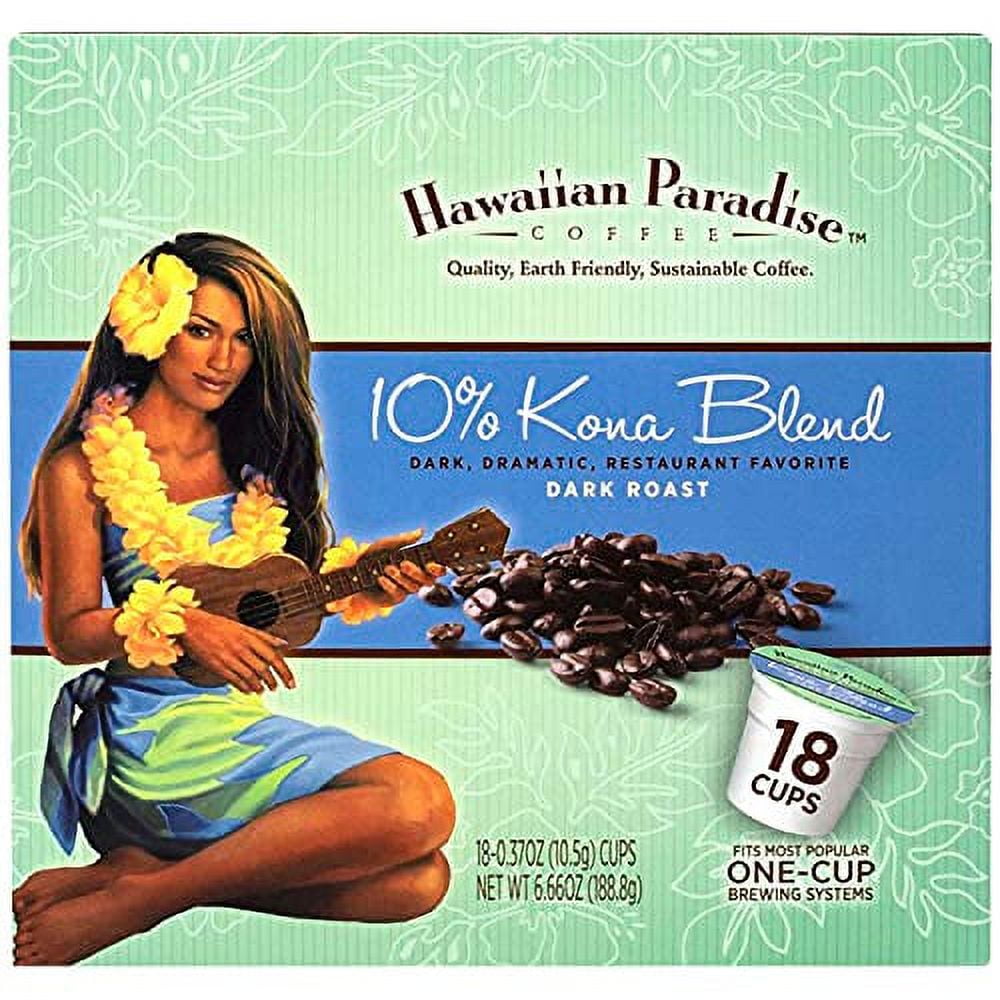Hawaiian Paradise Coffee 10% Kona Blend Single Serve Cups 18 Count Dark ...