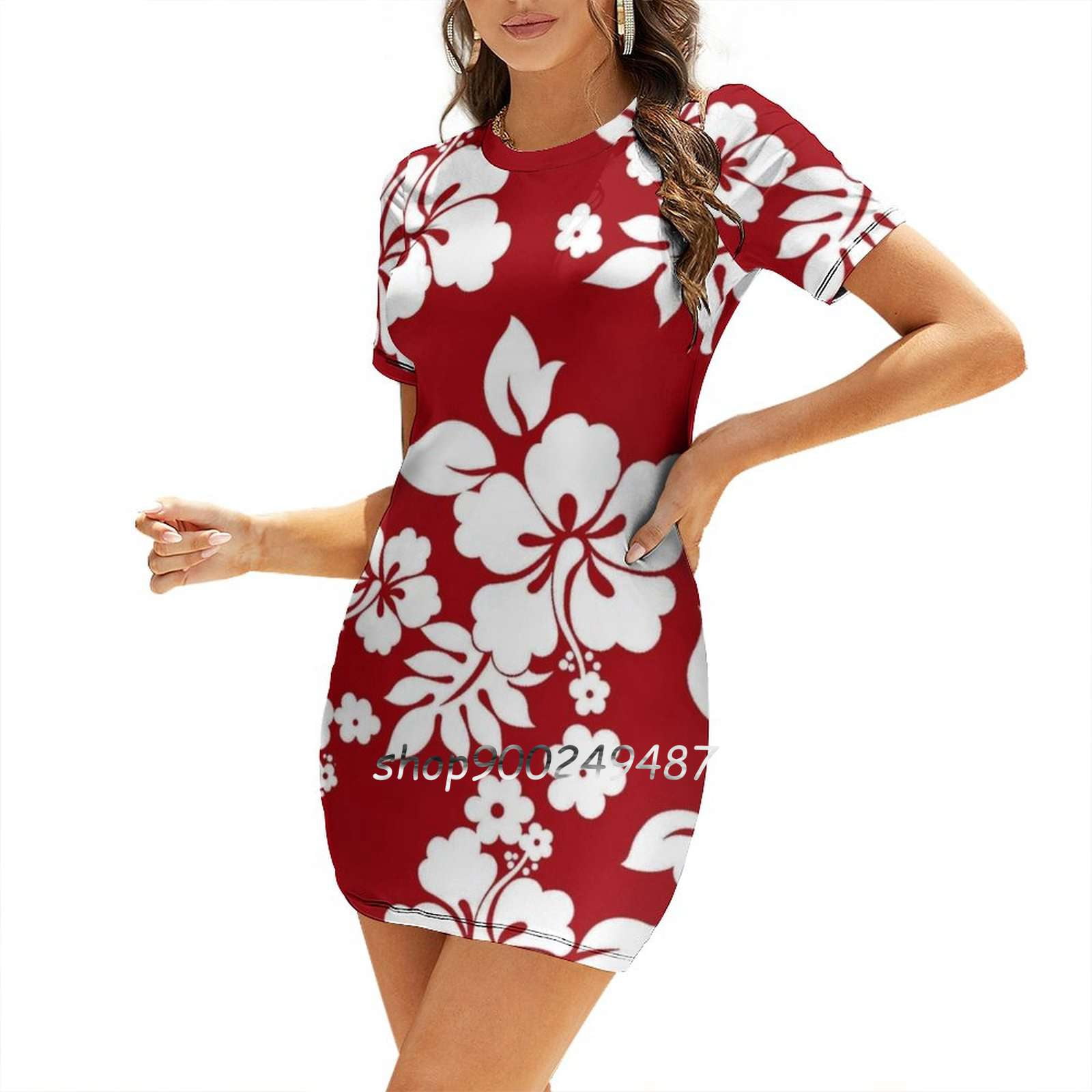 Hawaiian Pattern-Red Flare Dress Square Neck Dress Elegant Female ...
