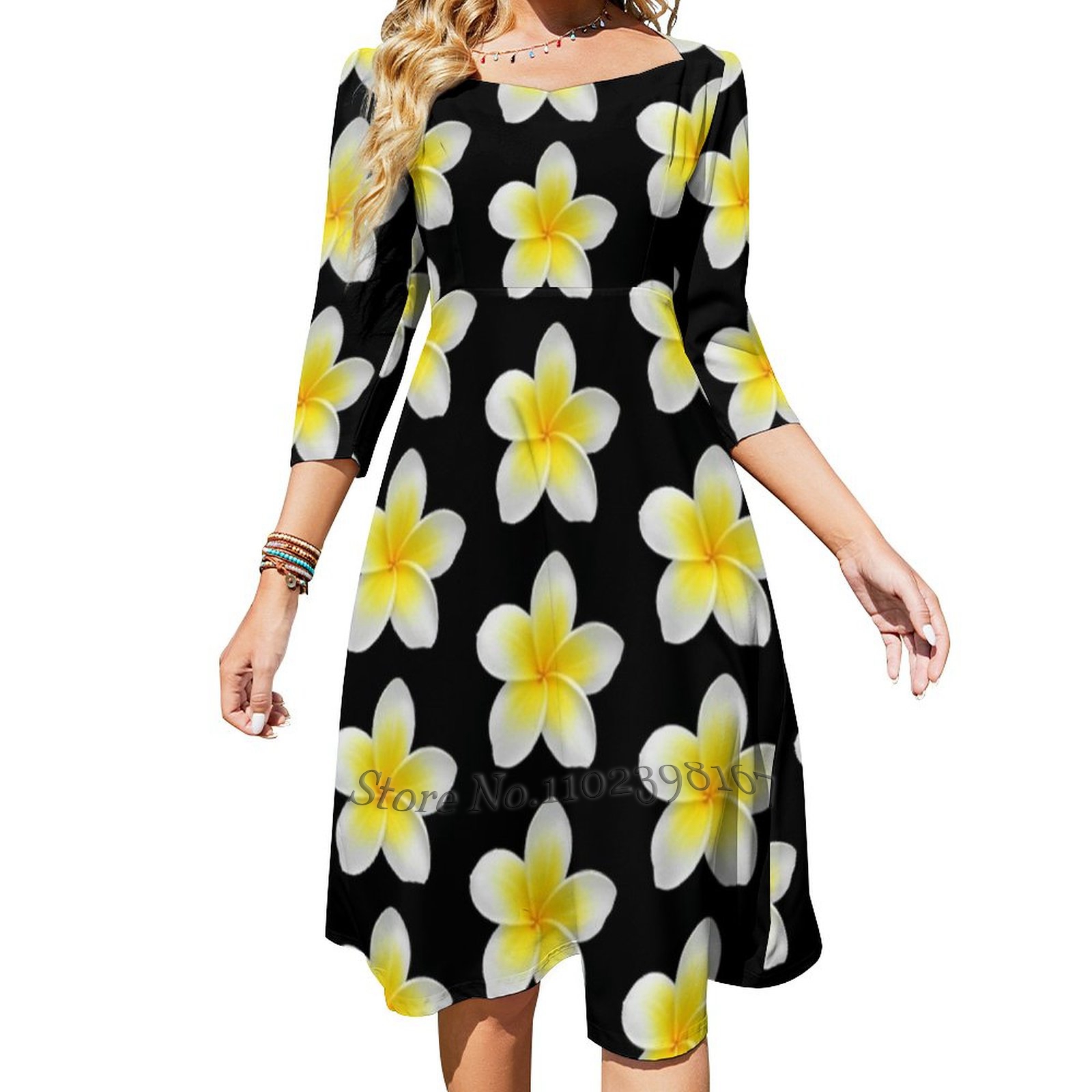 Hawaiian Plumeria Square Neck Dress New Plus Size Elegant Women Waist ...