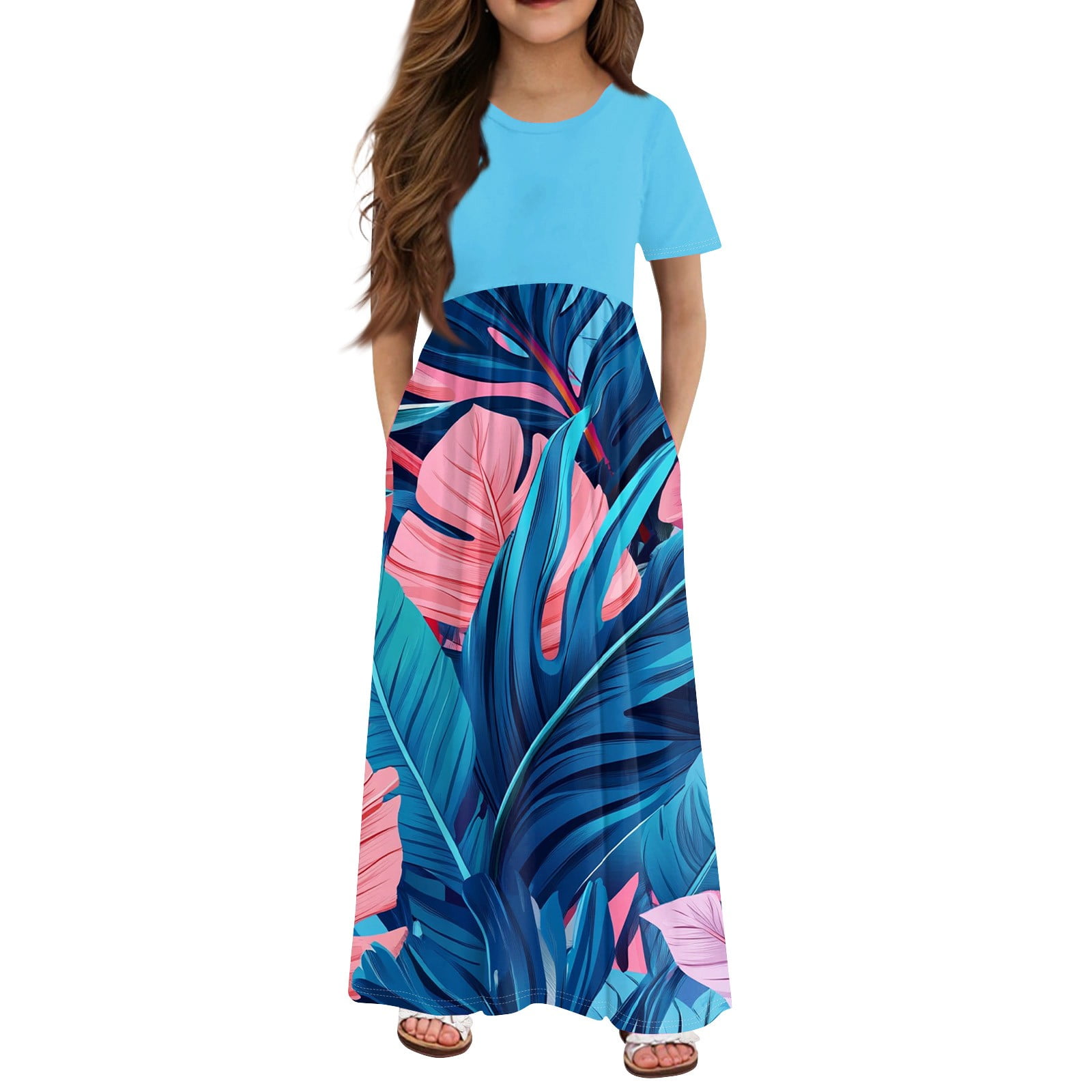 Hawaiian Plus Size Spring Girls' Dresses Palm Tree Print Crew Neck ...