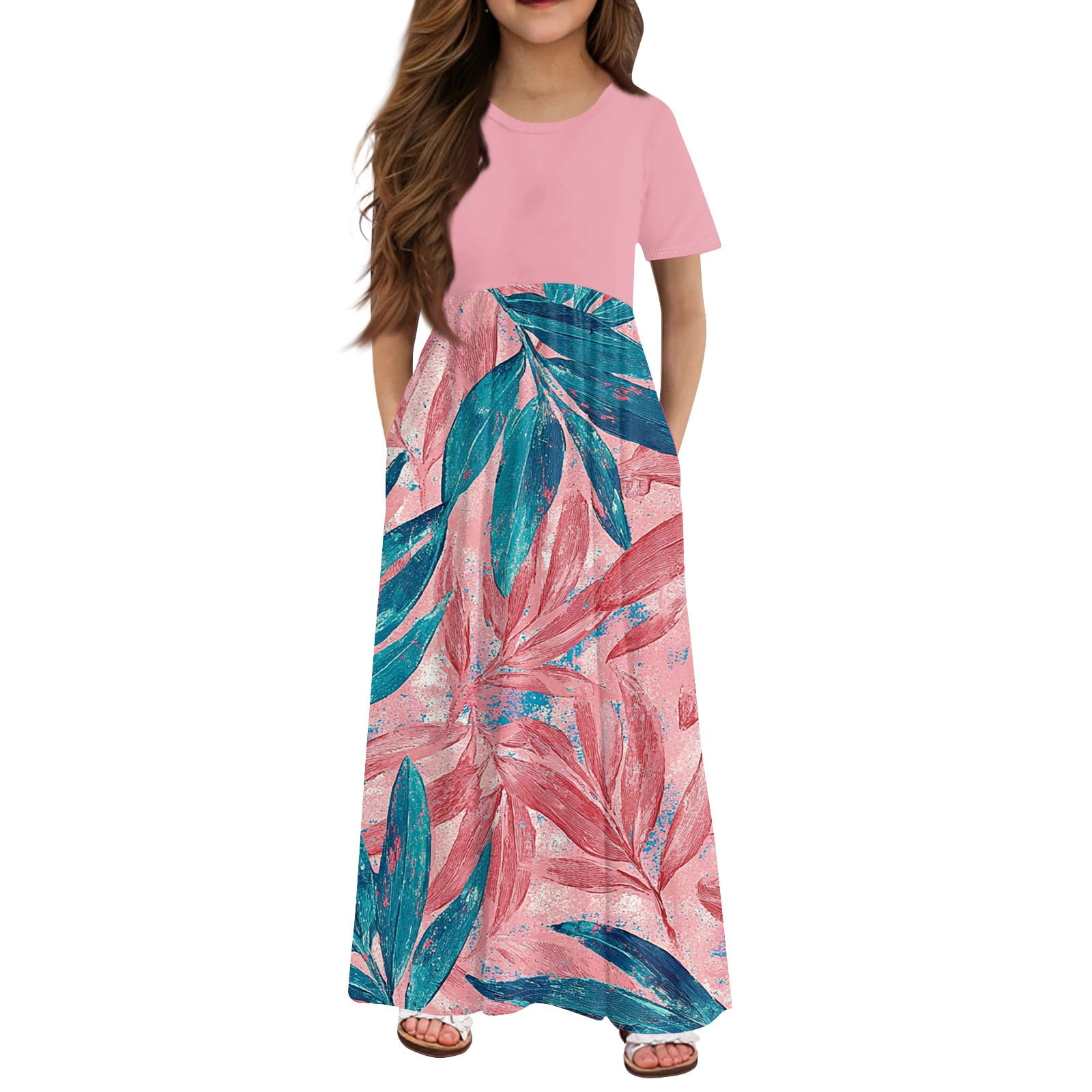 Hawaiian Plus Size Summer Dresses for Girls Crewneck Palm Tree Print T ...