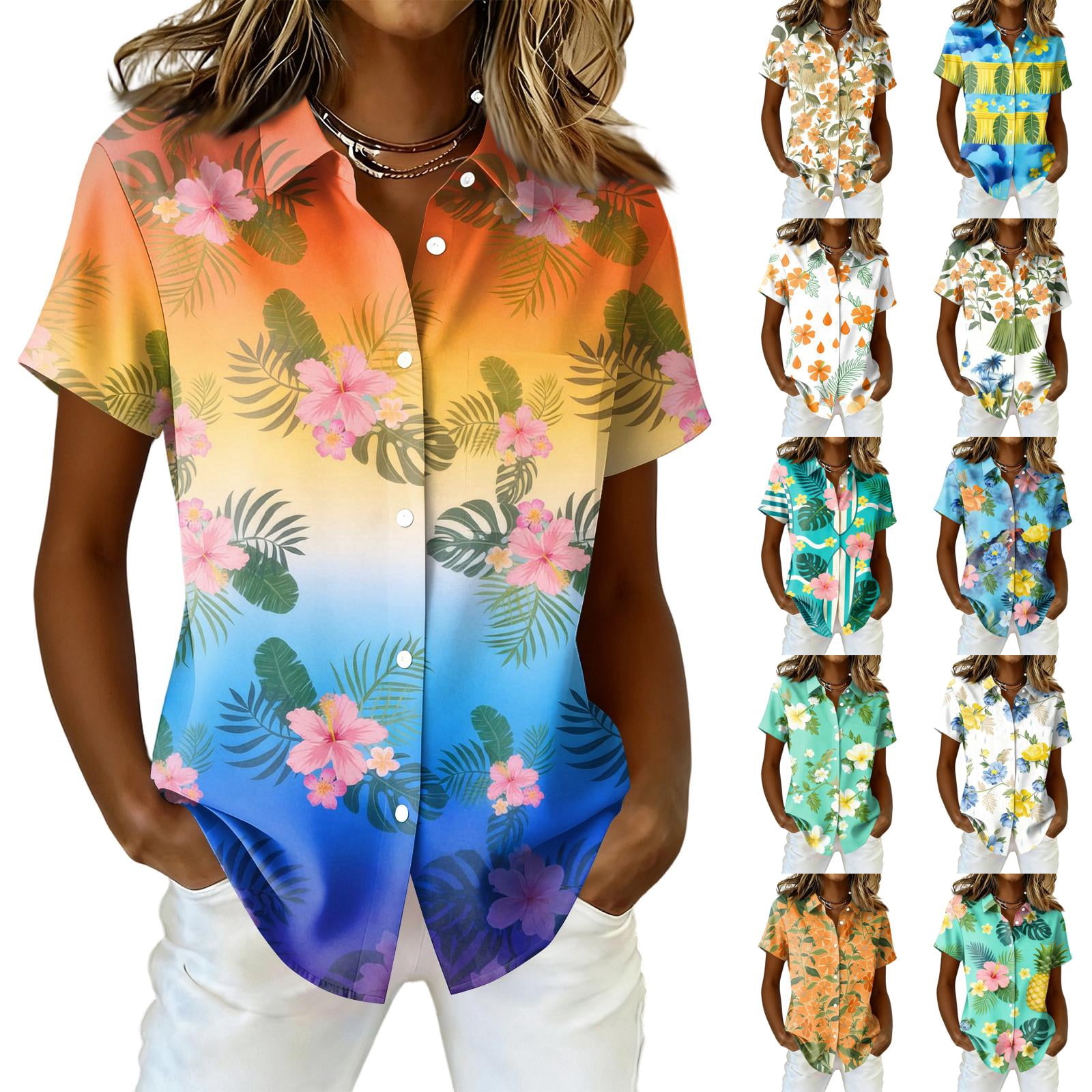 Hawaiian Print Blouses for Women V Neck Short Sleeve Tropical Floral ...