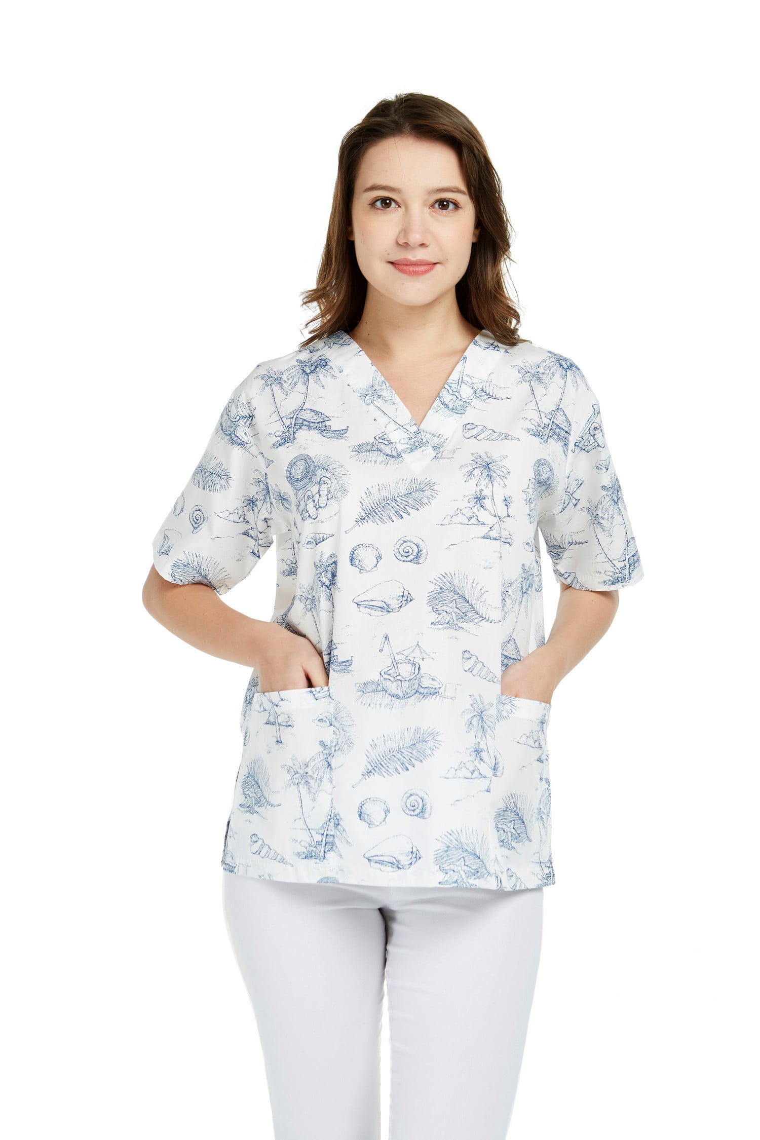Hawaiian Print Cotton 2 Pockets Scrub Top in Vintage Tropical Toile ...