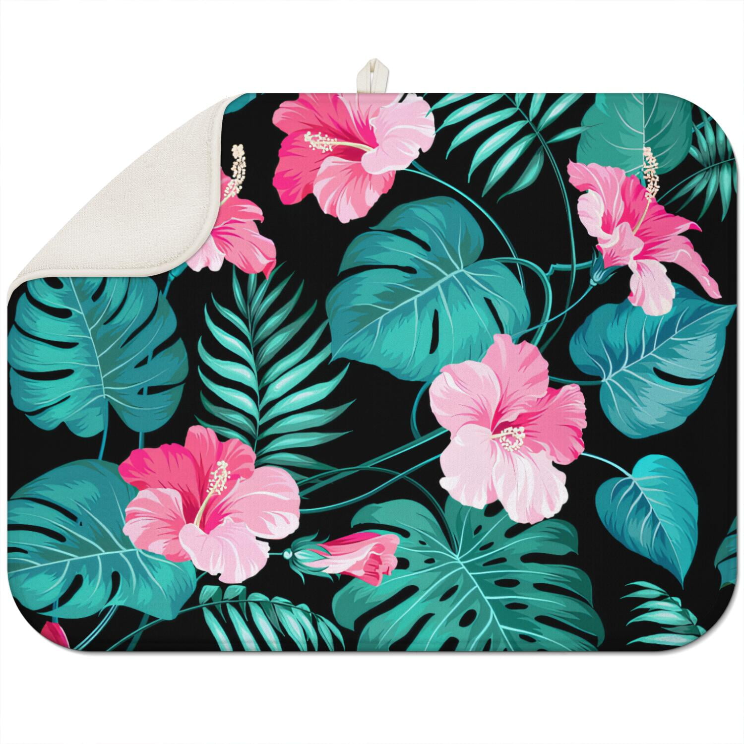 Hawaiian Print Dish Drying Mat – Tropical Floral and Palm Leaf Design ...
