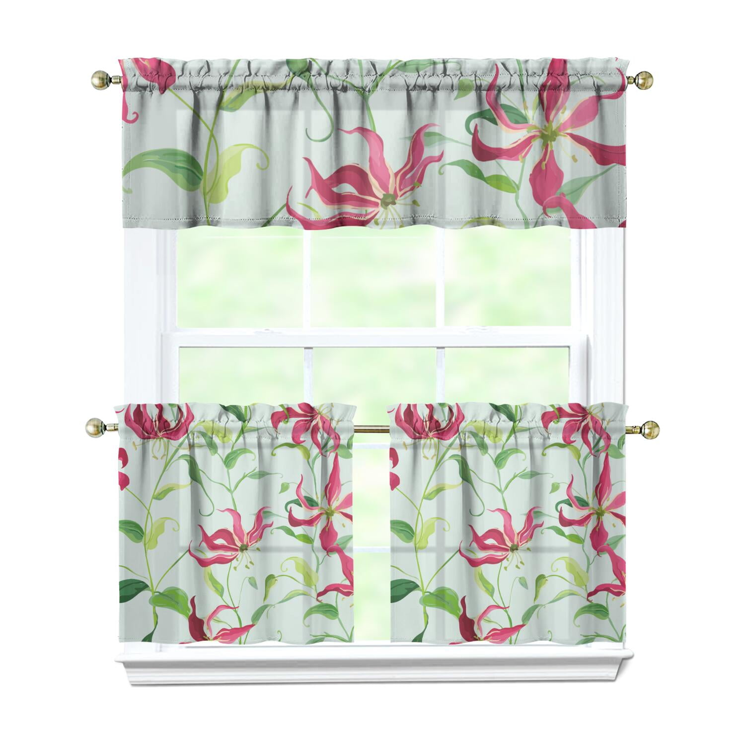Hawaiian Print Kitchen Curtains 3 Pack - Colorful Exotic Floral & Palm ...