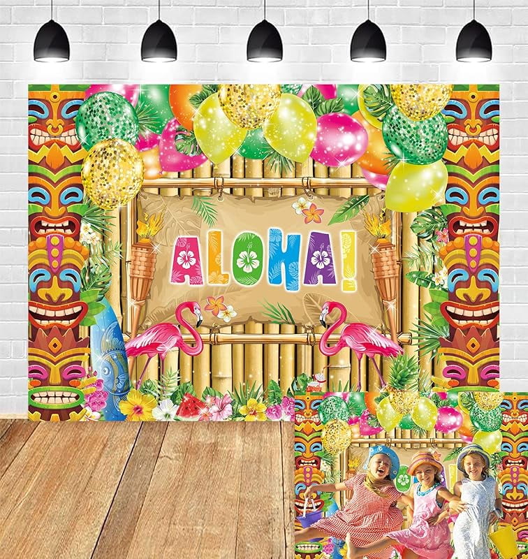 Hawaiian Reed Backdrop Summer Balloon Palm Leaf Flamingos Beach ...