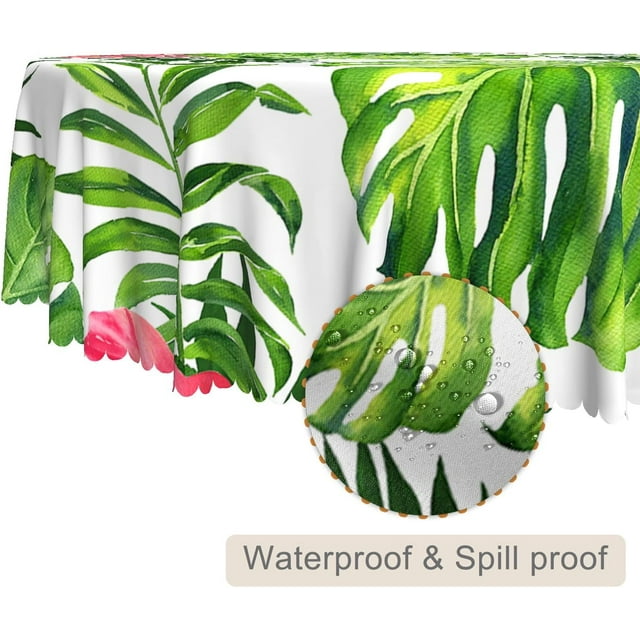 Hawaiian Round Tablecloth 42 Inch Green Palm Leaves Tropical Flowers ...