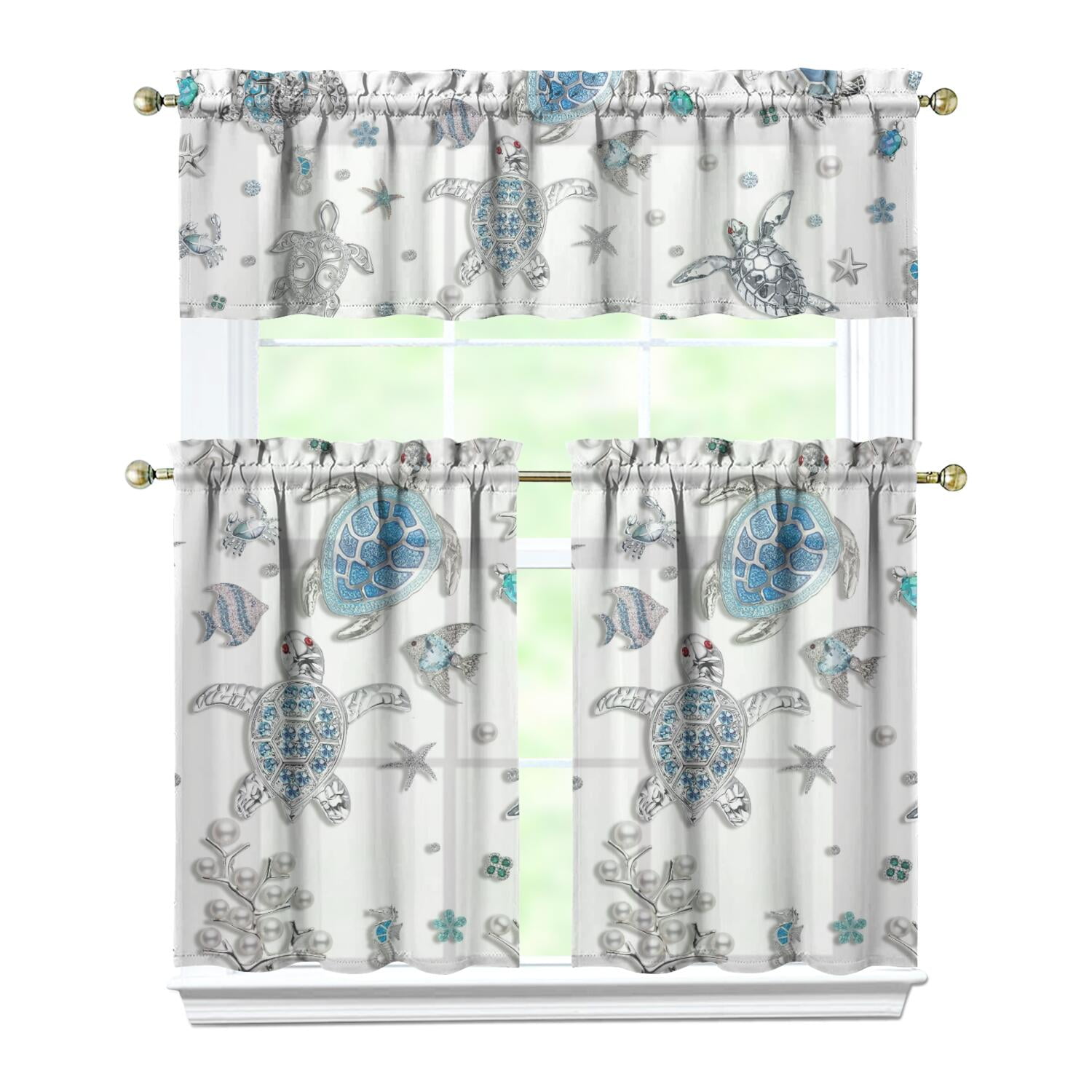 Hawaiian Sea Turtle Window Treatments - 3 PC Rod Pocket Curtains Set ...