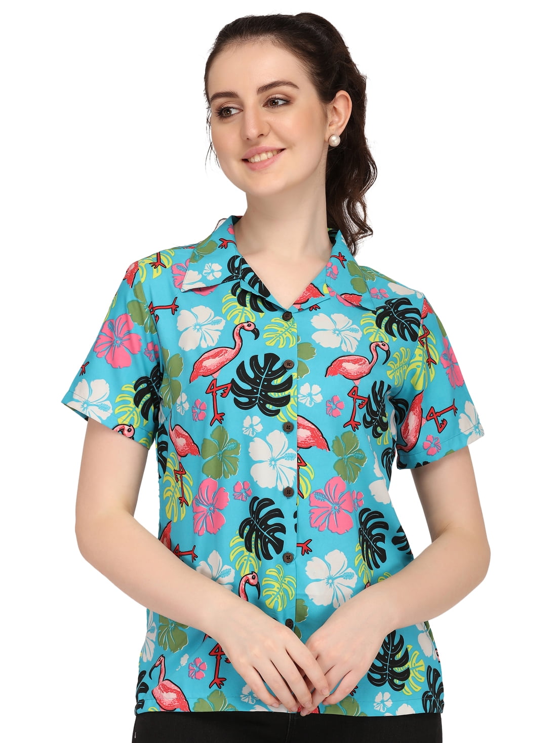 Hawaiian Shirt 37w Women Flamingo Leaf Print Aloha Beach Blouse