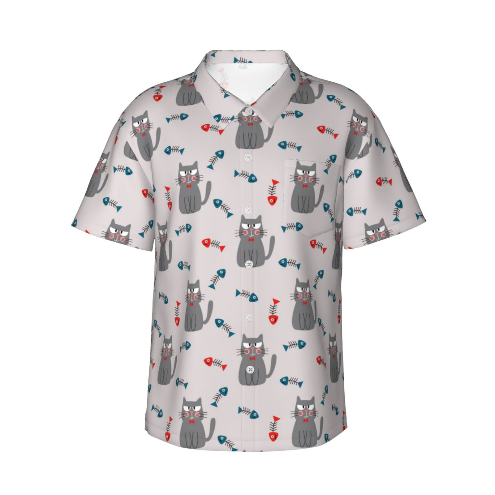 Hawaiian Shirt For Men, Abstract Cute Cat And Fish Bones Casual Summer ...