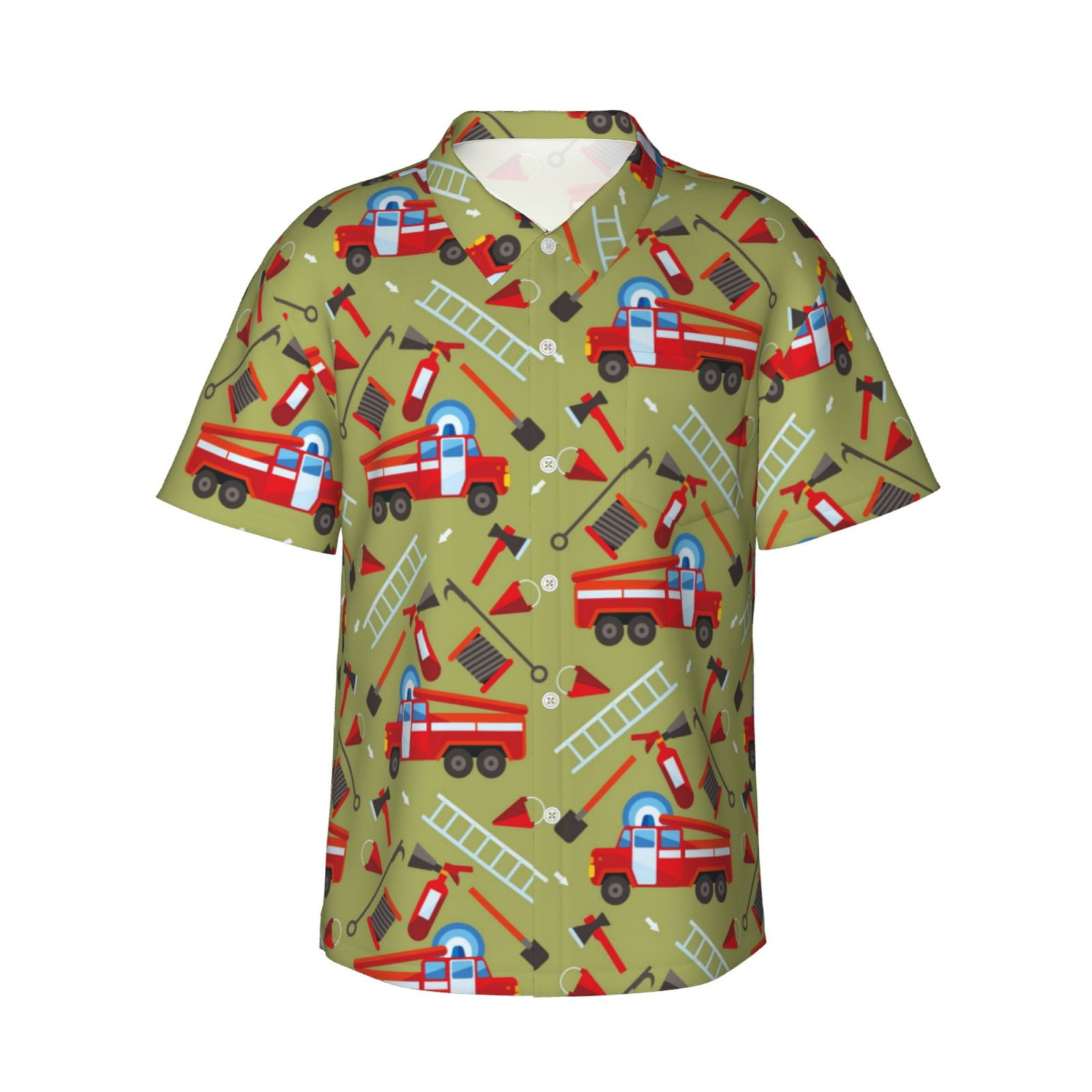Hawaiian Shirt For Men - Cartoon Fire Truck Casual Short Sleeve Button ...