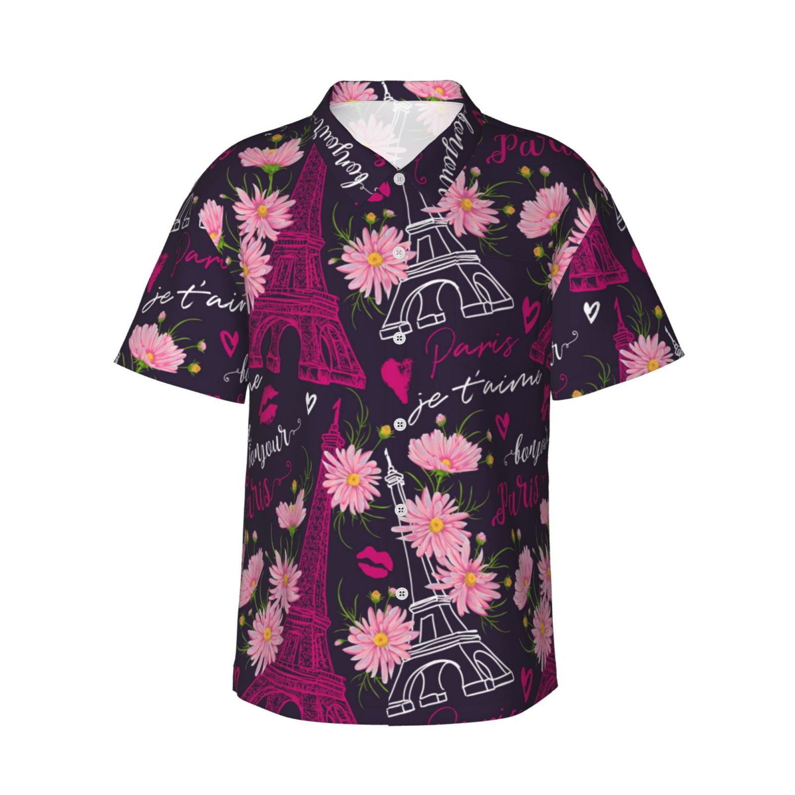 Hawaiian Shirt For Men, Eiffel Tower Flower Pink Mens Button Down Short ...