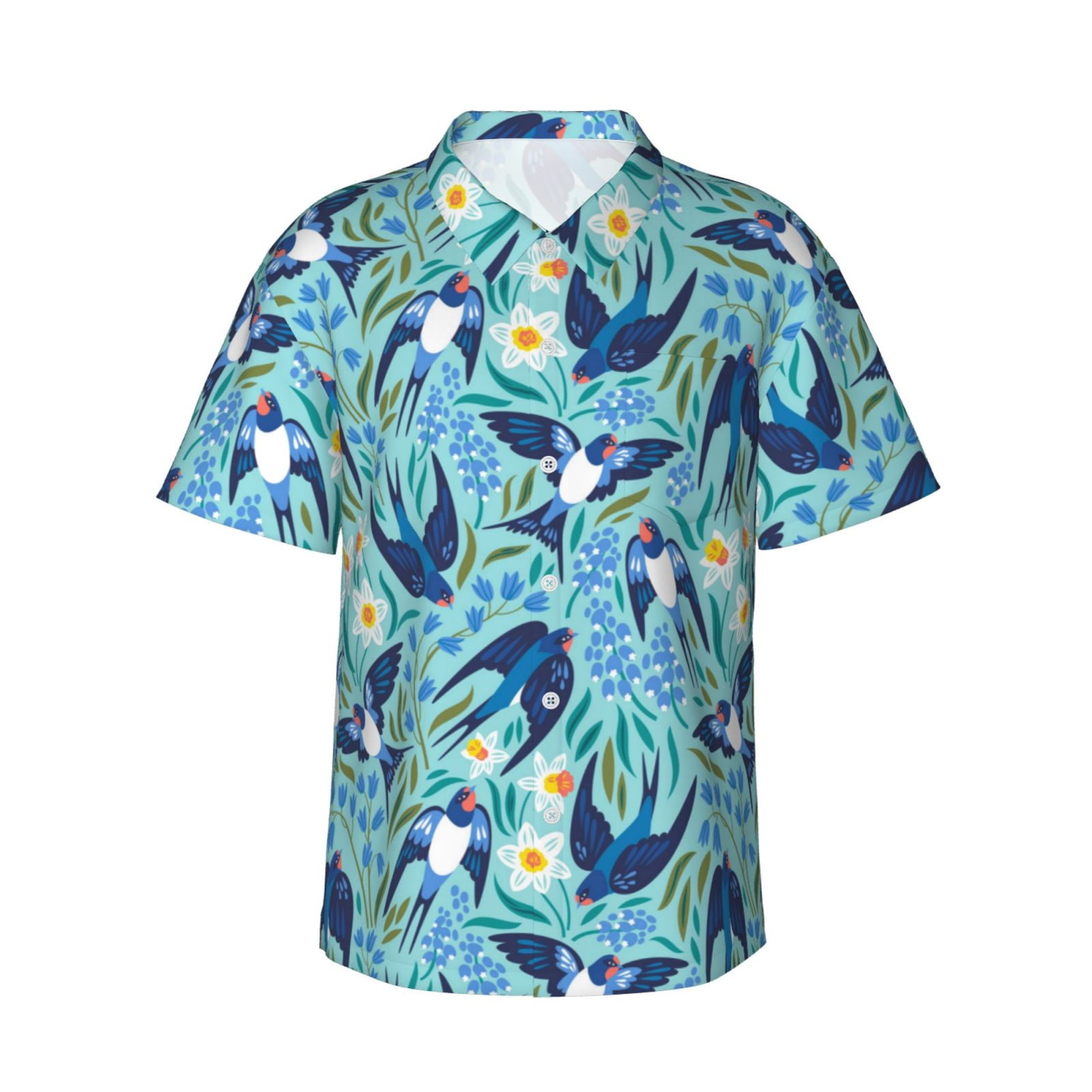 Hawaiian Shirt For Men, Flying Swallows And Flowers Mens Button Down Short Sleeve Shirt, Summer ...