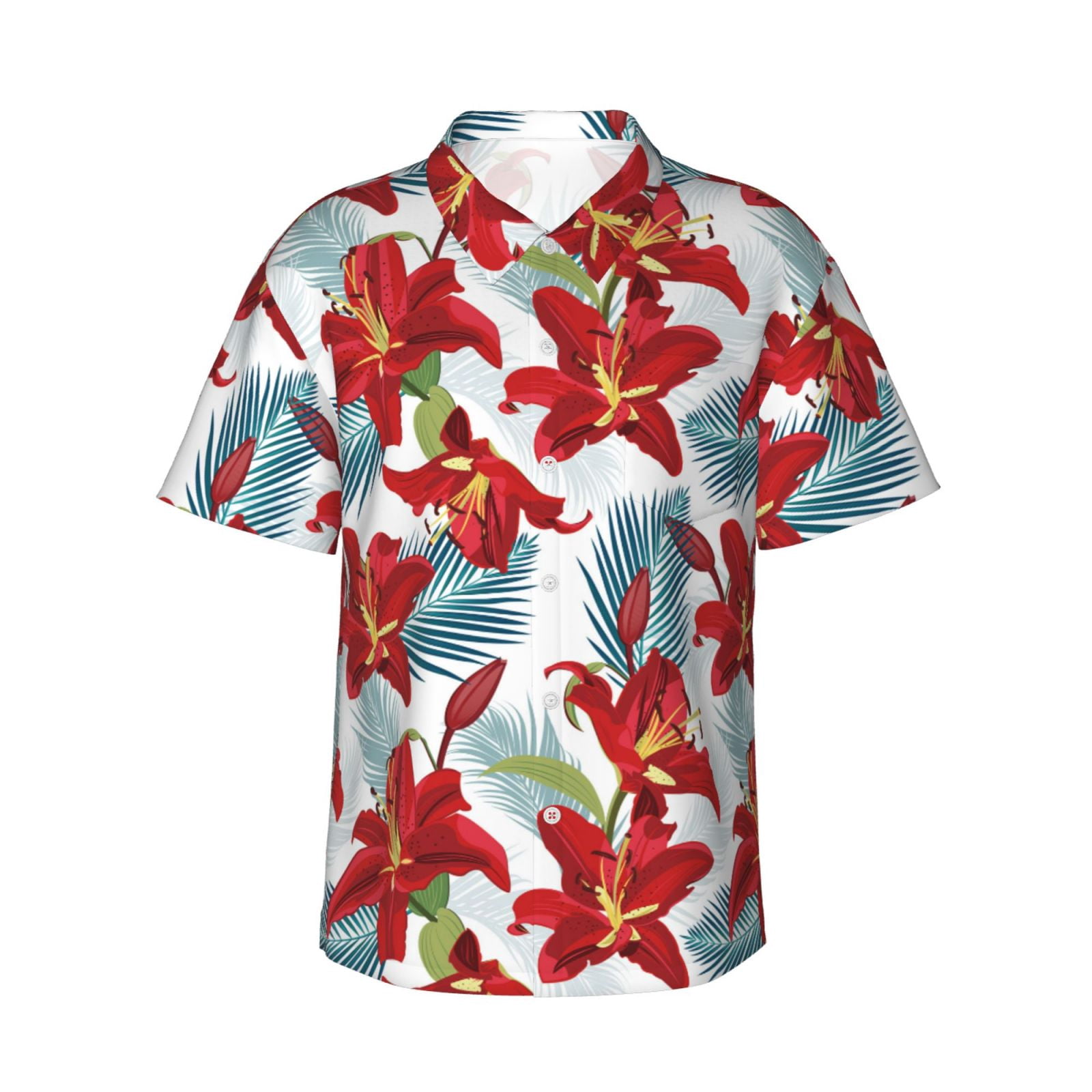 Hawaiian Shirt For Men, Lilies Flowers Blue Red Casual Summer Beach ...