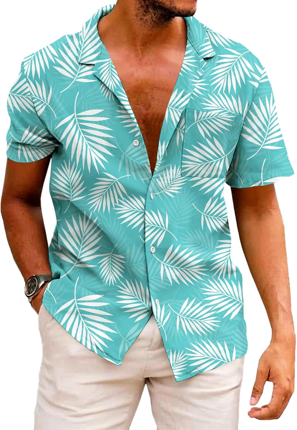 Hawaiian Shirt for Men Breathable Polyester Floral Design Button Down ...