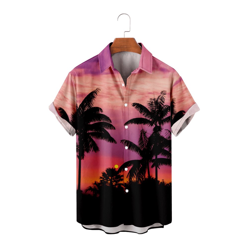 Hawaiian Shirt Sunset Palm Trees Casual Short Sleeve Button Down Shirts