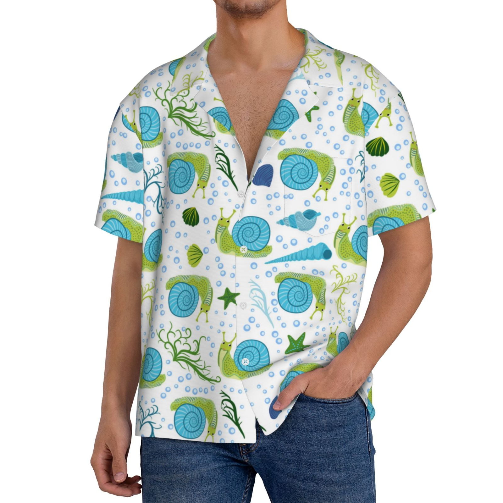 Hawaiian Shirt for Men - Blue Green Slug Shells Short Sleeve Button ...