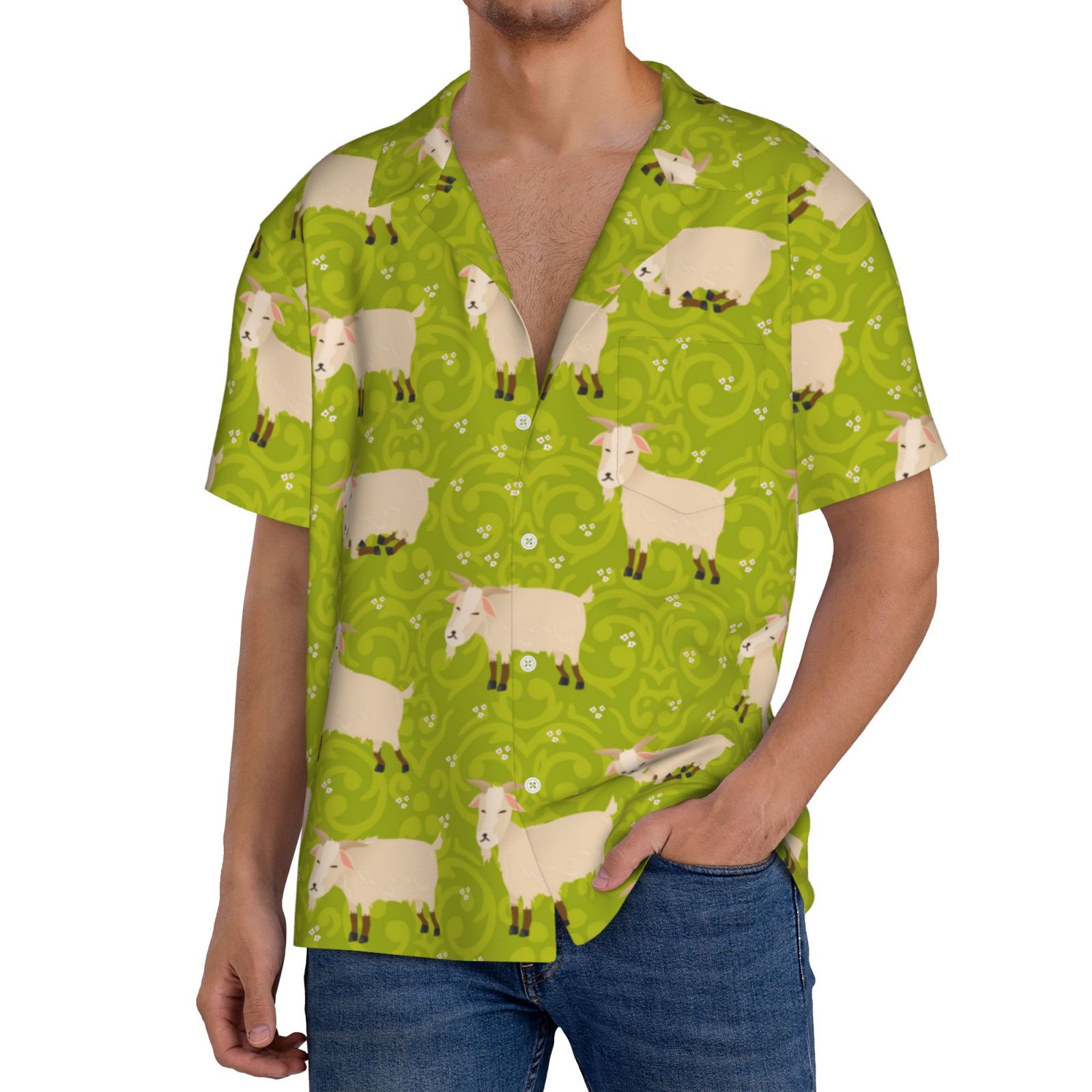 Hawaiian Shirt for Men - Cartoon Cute Funny Sheep Green_A Short Sleeve ...