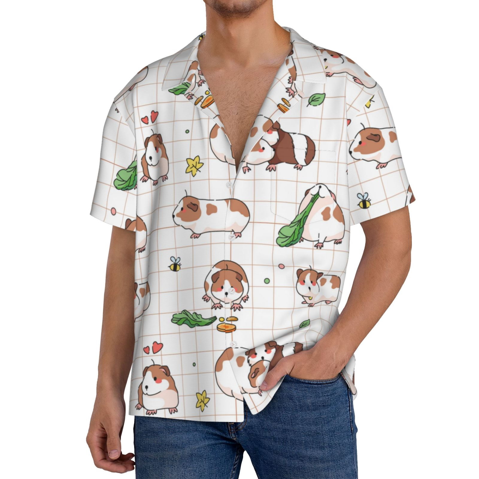 Hawaiian Shirt for Men - Cartoon Cute Hamster Greens Short Sleeve ...