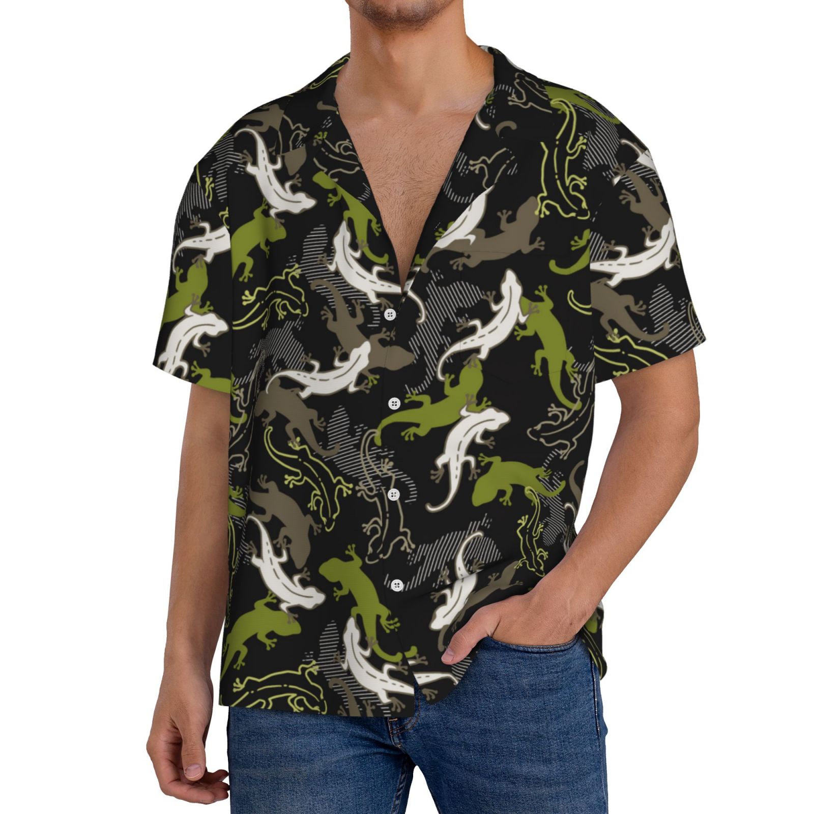 Hawaiian Shirt for Men - Cartoon Cute Lizard Gecko Green Short Sleeve ...