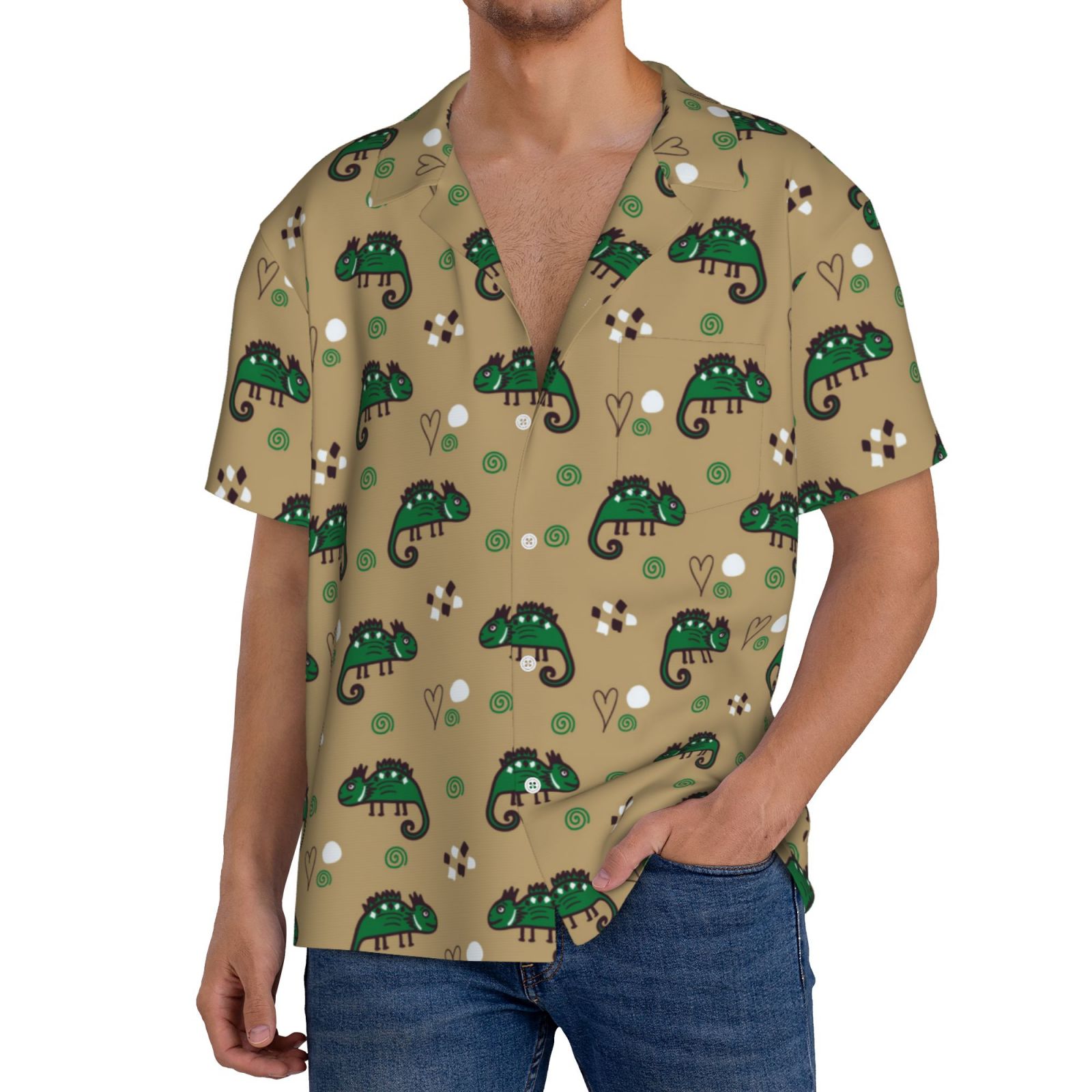 Hawaiian Shirt for Men - Cartoon Funny Cute Lizard Green Short Sleeve ...