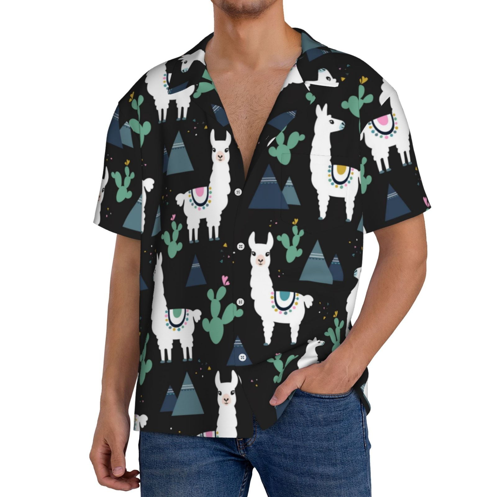 Hawaiian Shirt for Men - Cartoon Pyramid Cute Alpaca Cactus Short ...