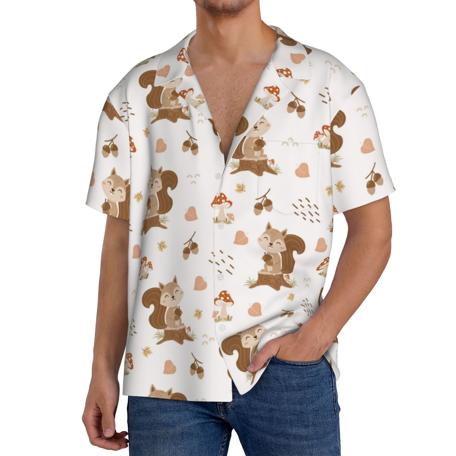 Hawaiian Shirt for Men - Cartoon Smiling Cute Squirrel Short Sleeve ...