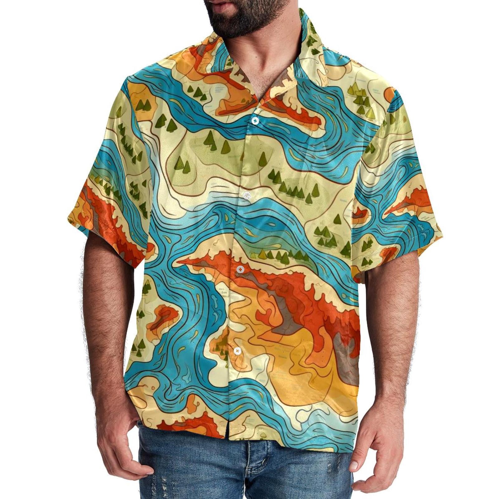 Hawaiian Shirt for Men Casual Button Down Shirts with Maps Prints ...