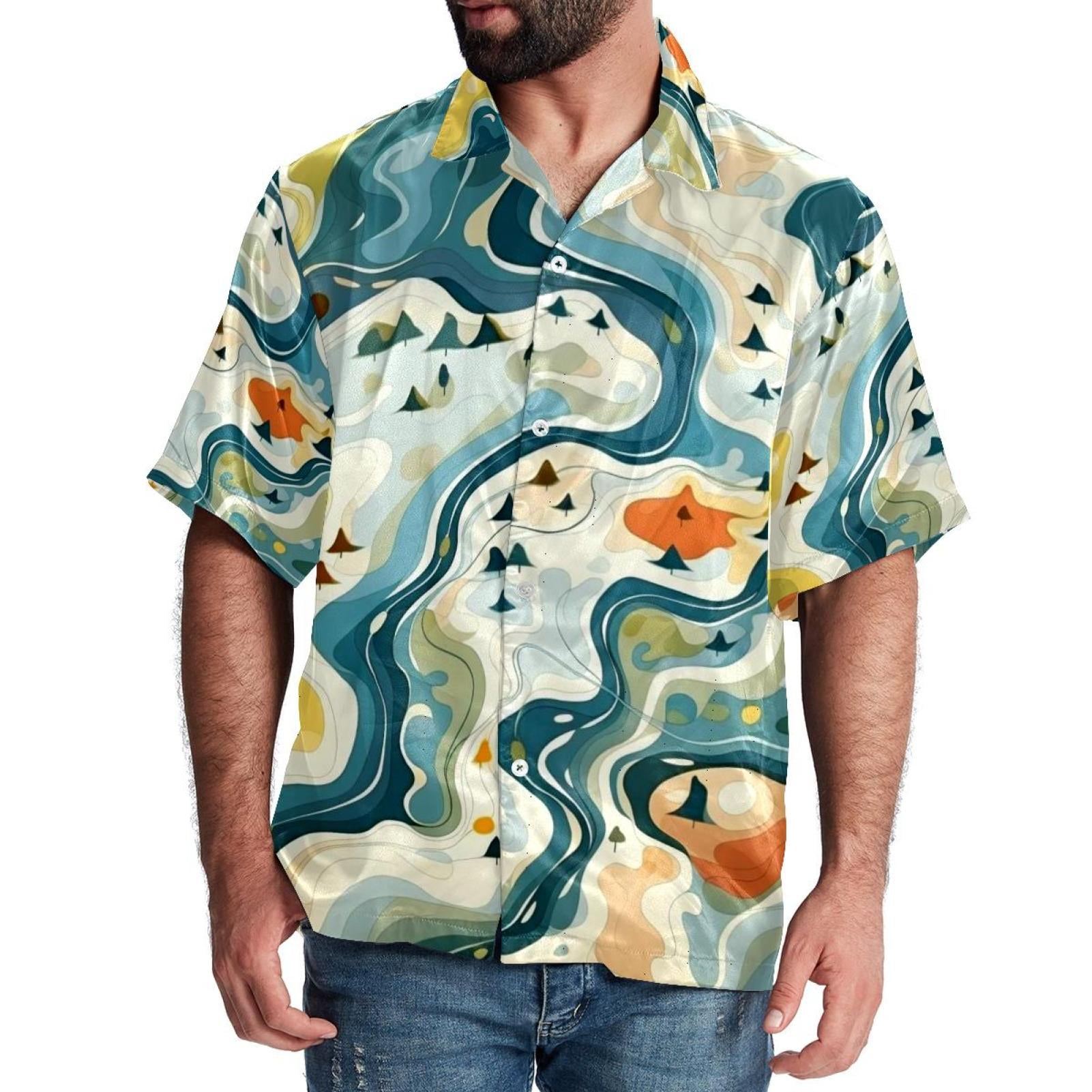 Hawaiian Shirt for Men Casual Button Down Shirts with Maps Texture Cute ...