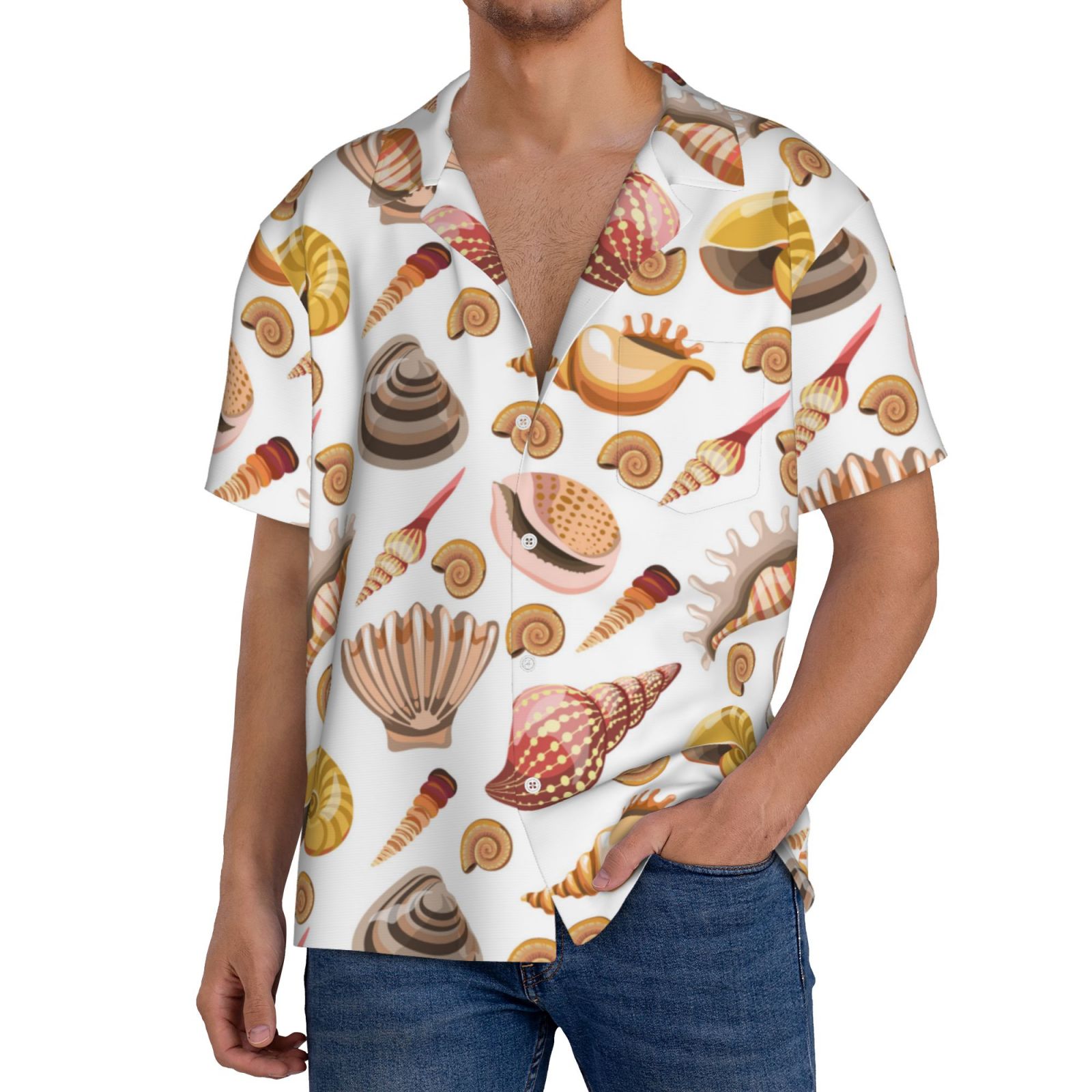Hawaiian Shirt for Men - Conch Shells Print No.9045 Short Sleeve Button ...