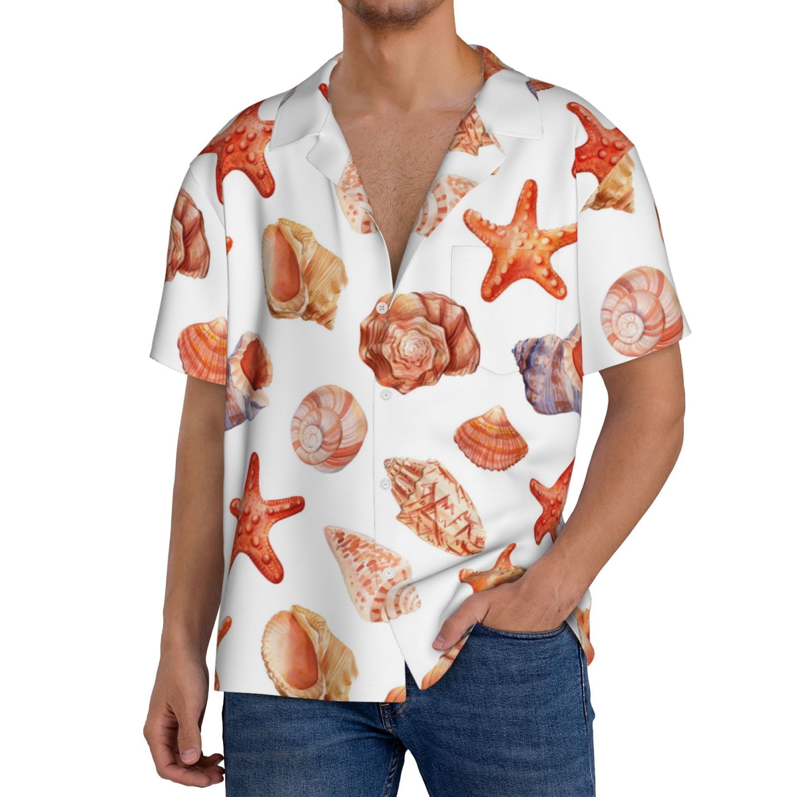 Hawaiian Shirt for Men - Conch Starfish Shells Short Sleeve Button Down ...