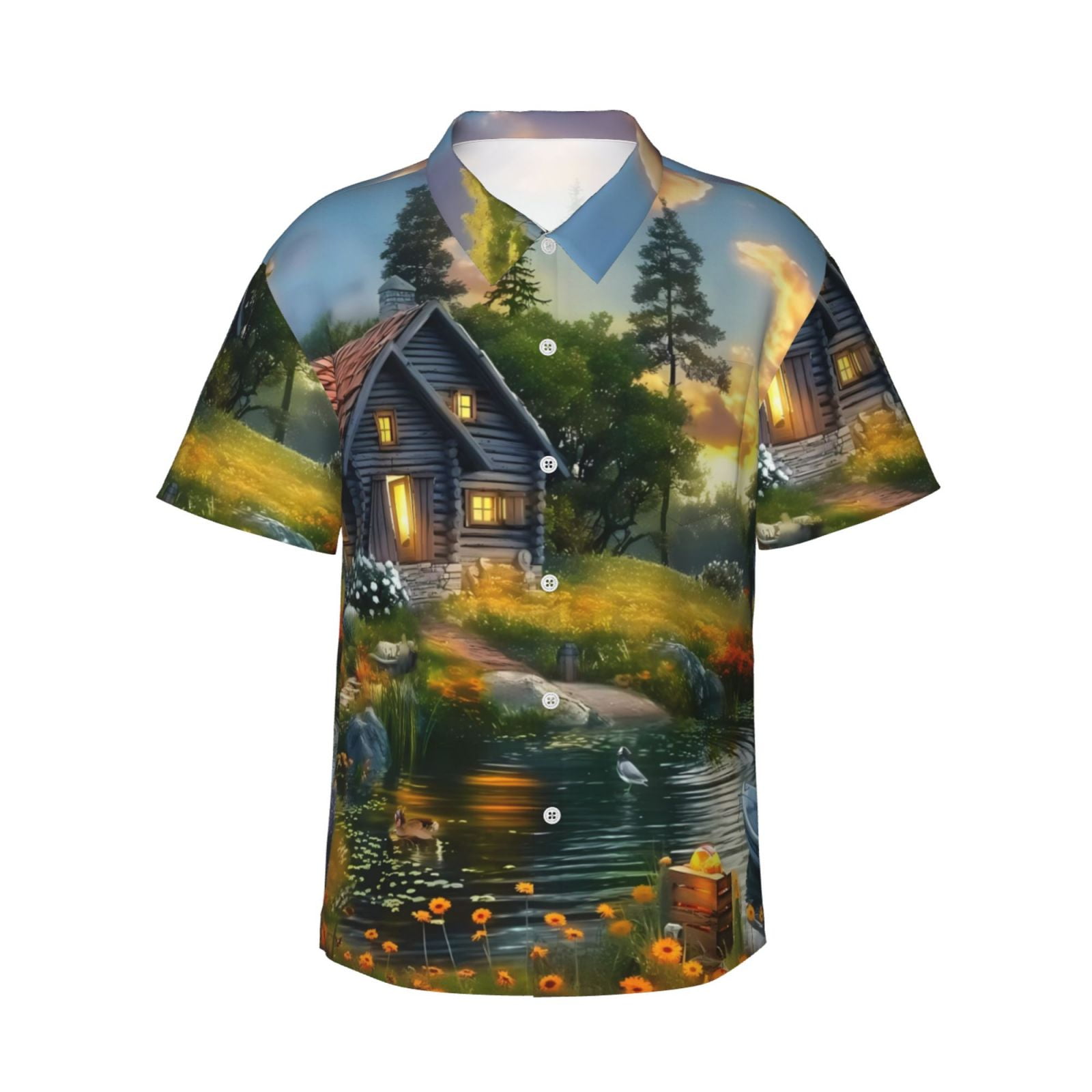 Hawaiian Shirt for Men, Cozy Cottage Lakeside Sunset Summer Shirts for ...