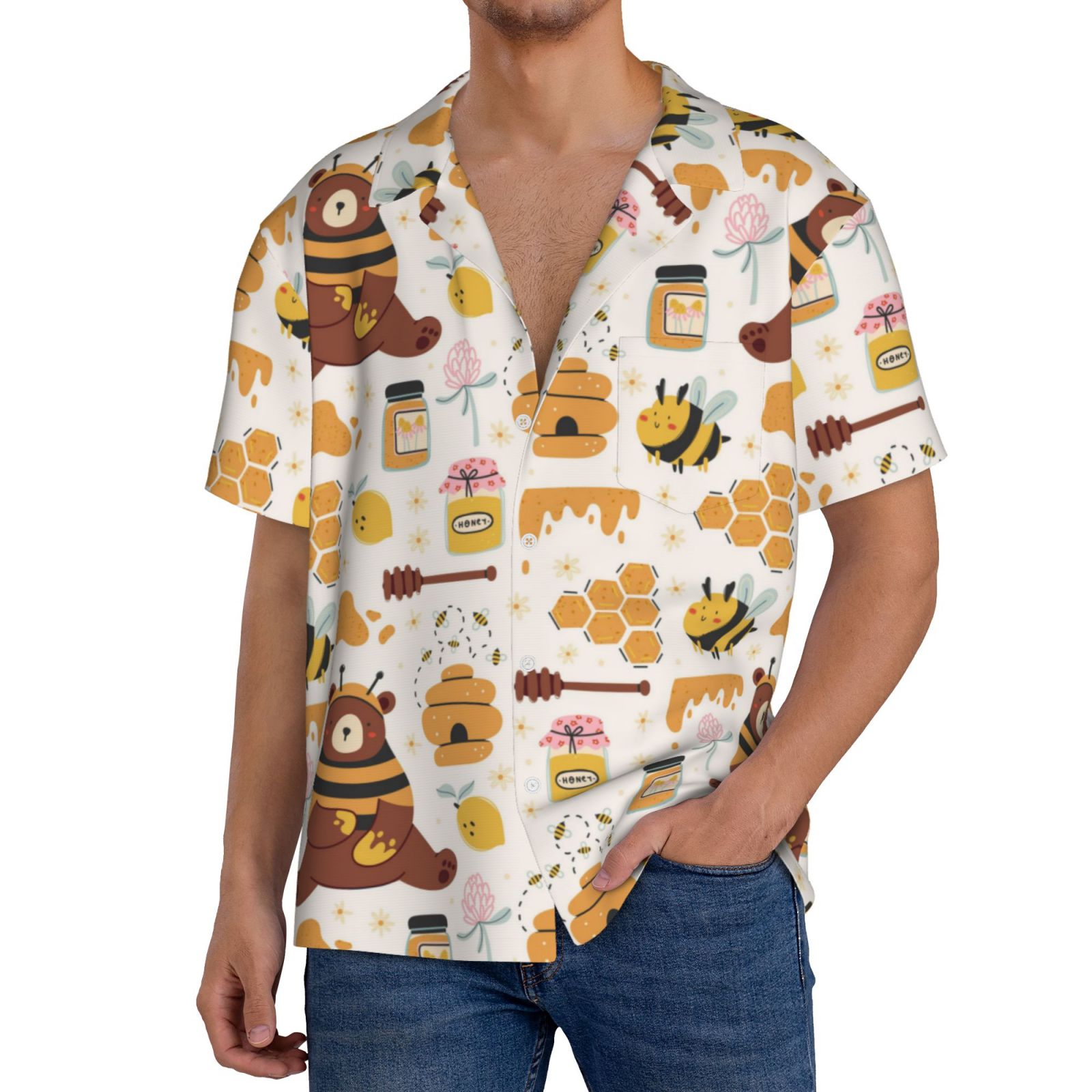 Hawaiian Shirt for Men - Cute Bee Honey Jar Hive Bear Short Sleeve ...