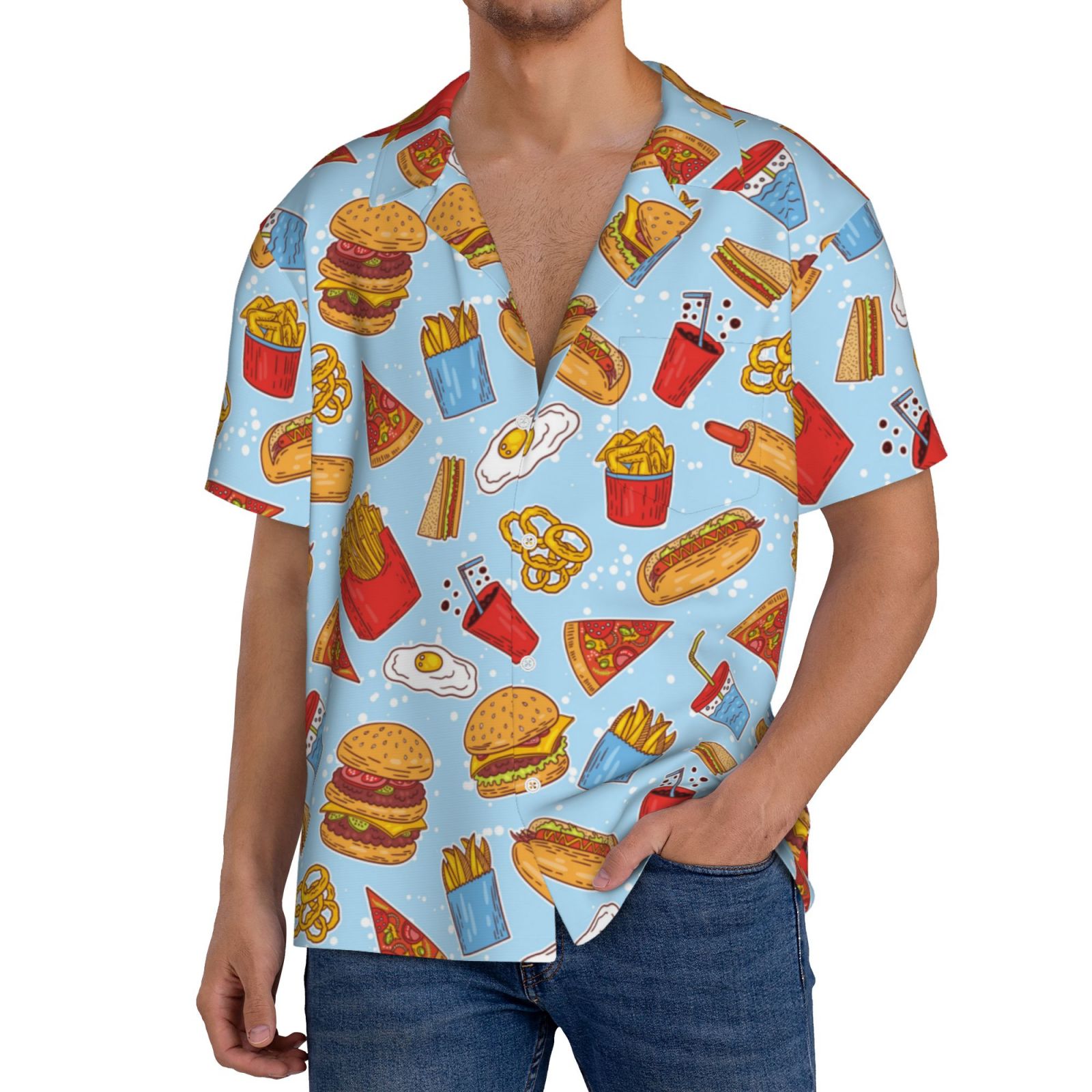Hawaiian Shirt for Men - Cute Food Egg Burger Fries Short Sleeve Button ...