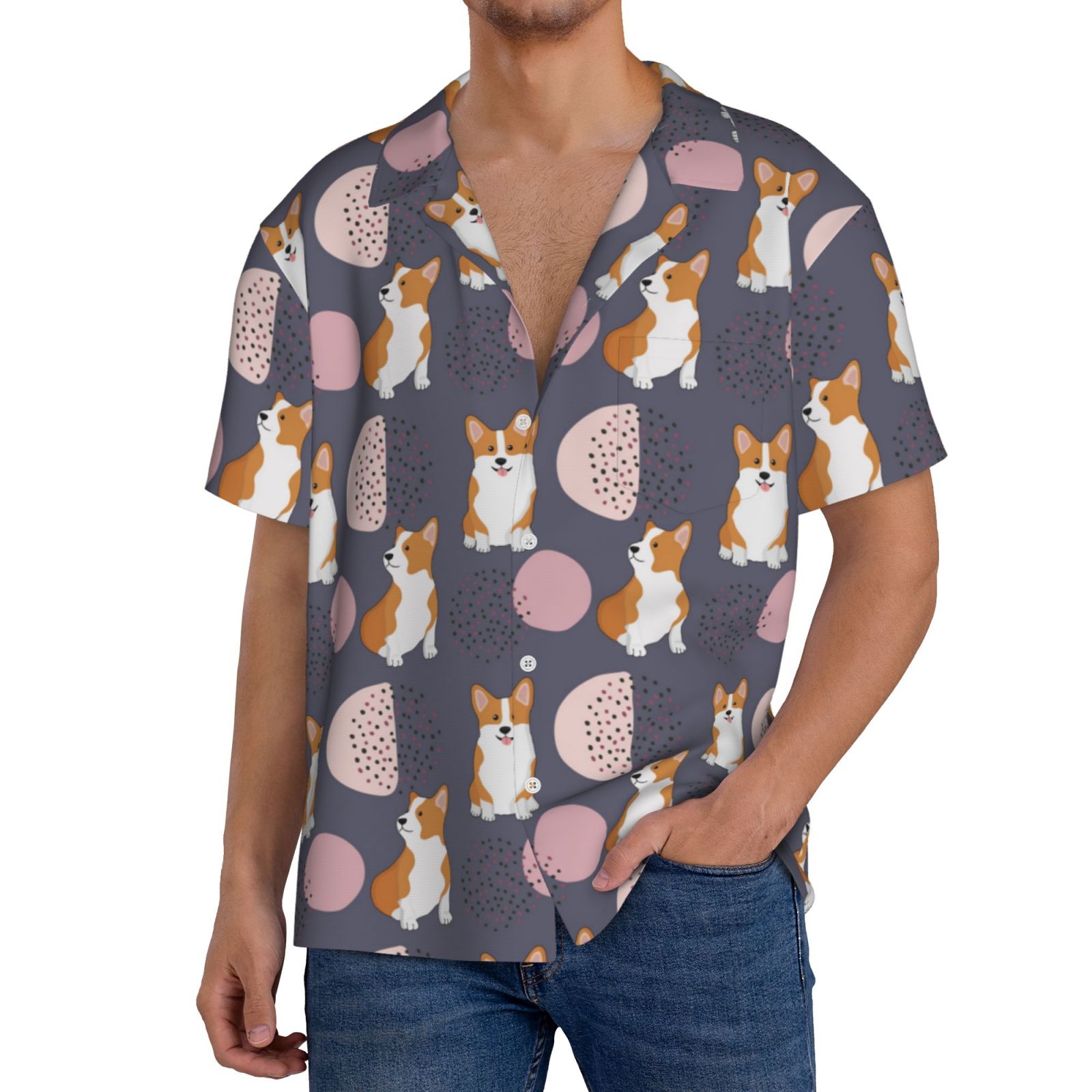 Hawaiian Shirt for Men - Elegant Cute Corgi Dog Funny Short Sleeve ...