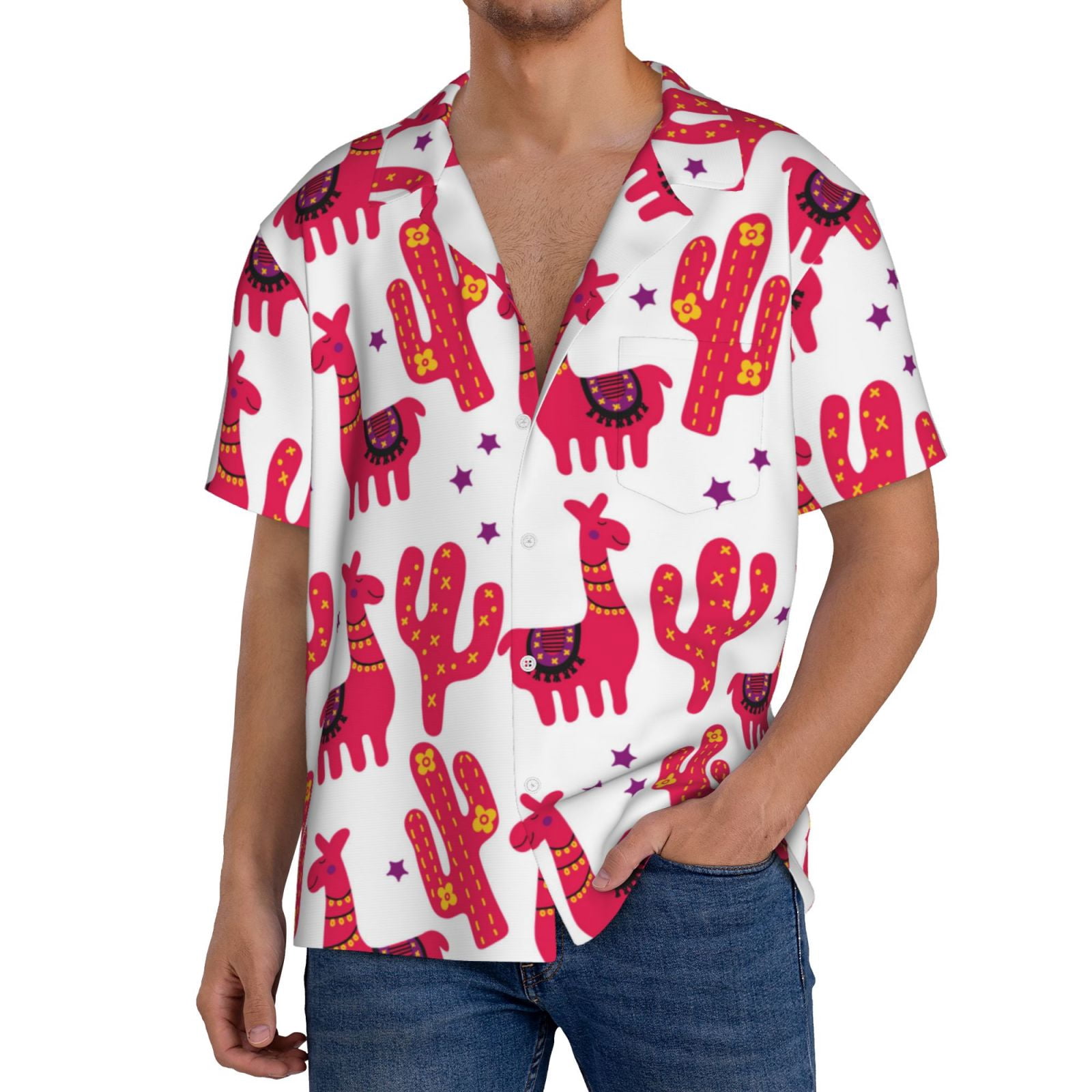 Hawaiian Shirt for Men - Exotic Cute Alpaca Cactus Red Short Sleeve ...